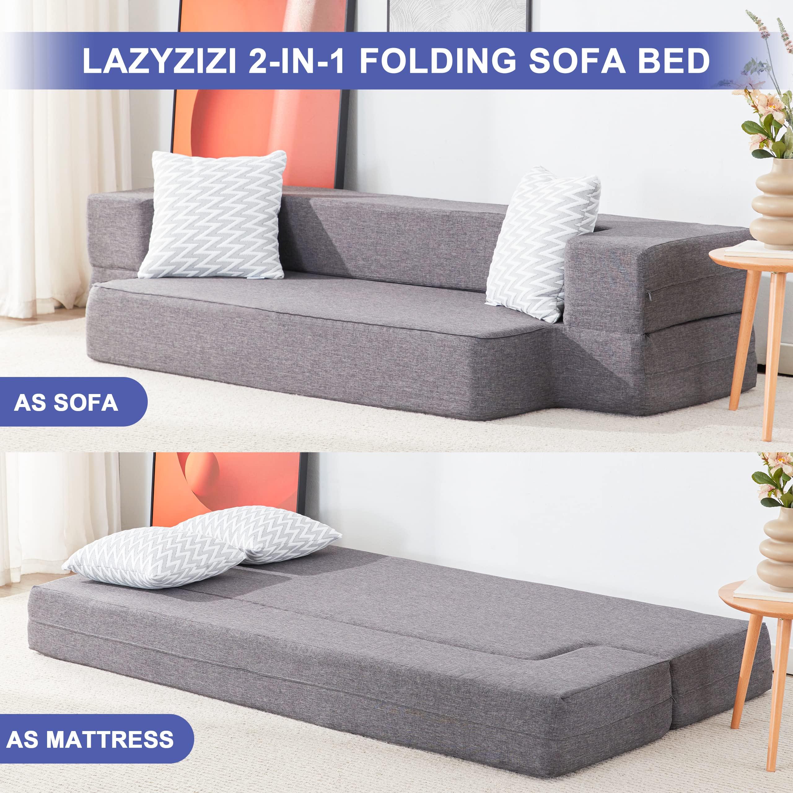 Lazyzizi Floor Sofa Bed, Fold Out Couch Bed with 2 Pillows & Washable Cover Convertible Sleeper Folding Sofa Bed Mattress for Living Room, Guest Bed, Playroom 10inches Twin