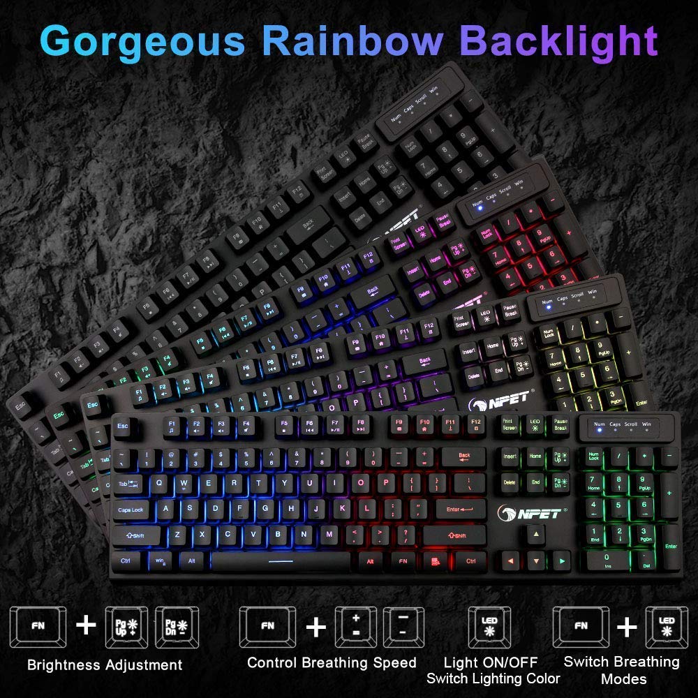 NPET Gaming Keyboard and RGB Gaming Mouse Pad Bundle, Wired Floating Rainbow Keyboard, 31.5 X 11.8 Inch 12 Lighting Modes, Touch Control, Durable Stitched Edges LED Mouse Pad
