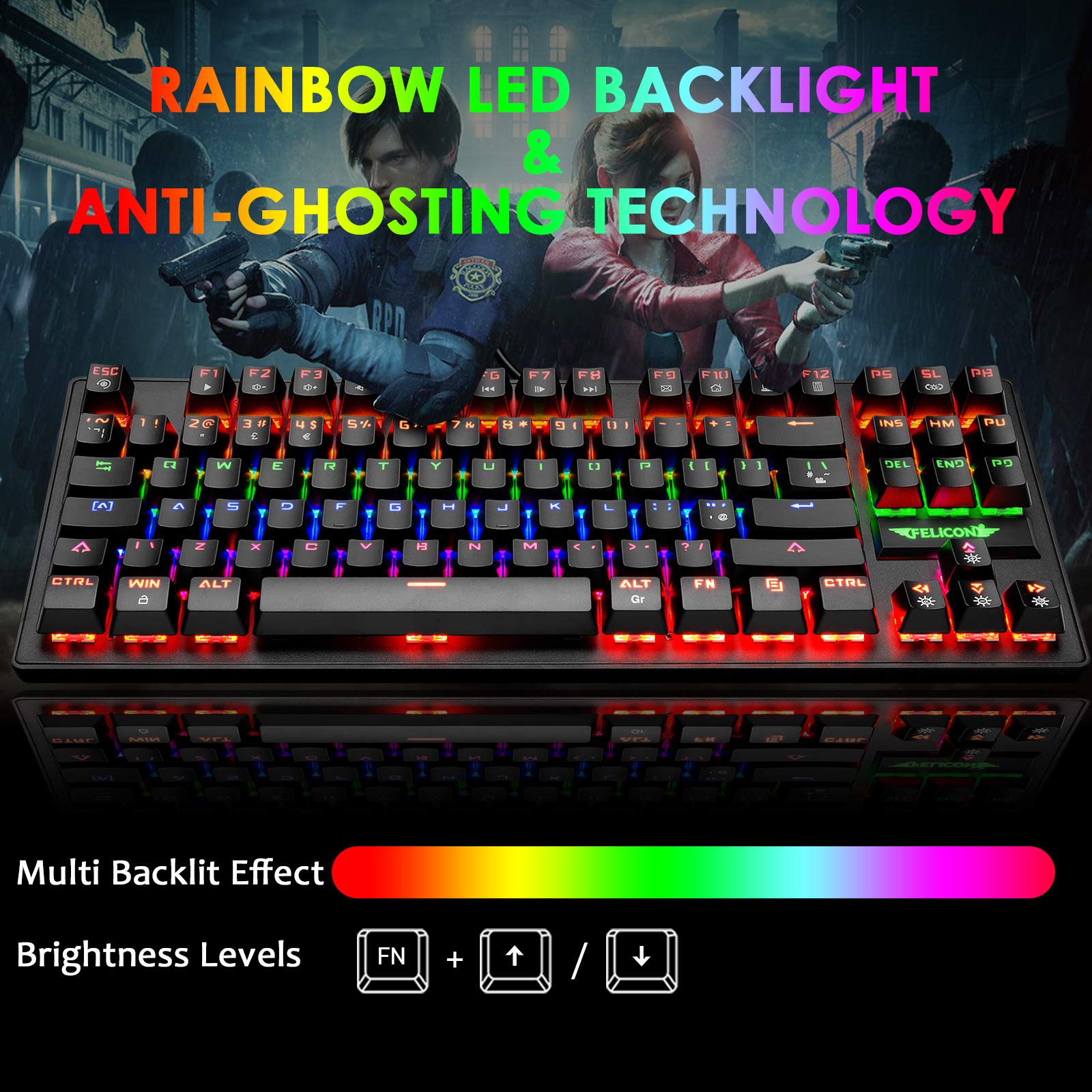 Mechanical Gaming Keyboard and Mouse Combo with Full 88 Key Anti-ghosting Rainbow Backlight Ergonomic Floating Plate 6400DPI Honeycomb Mice USB Wired for PC MAC Gamer Office Typist(Black/Red Switch)