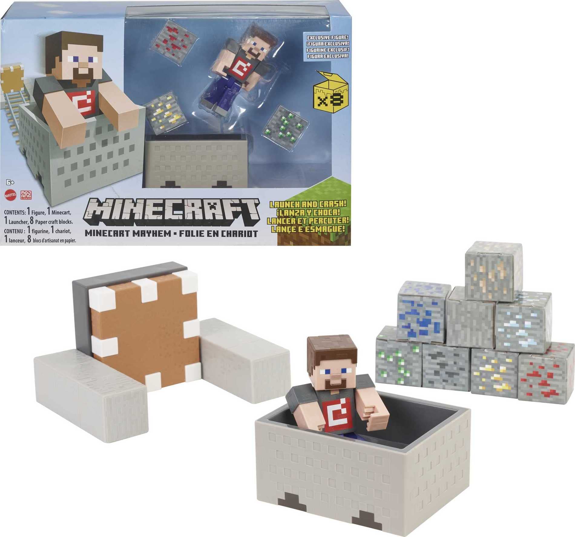 Minecraft Minecart Mayhem Playset With Steve Character Figure, Launching Cart And Accessories, Creation, Exploration And Survival Game For Kids Ages 6 Years And Older
