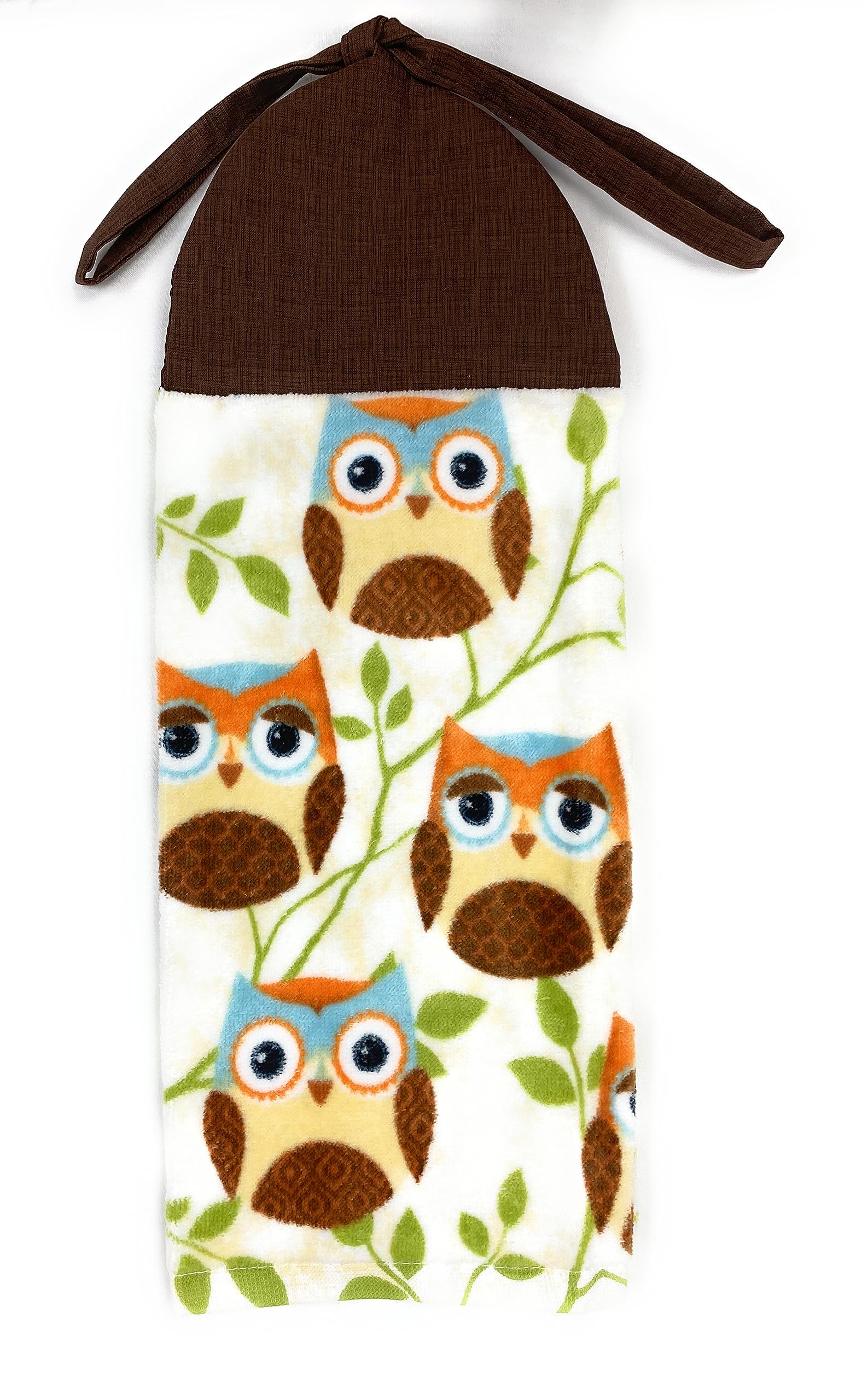 Owls Gift for Owl Lover Brown Tan White Teal Green Reversible Ties On Stays Put Kitchen Bathroom Hanging Loop Hand Dish Towel
