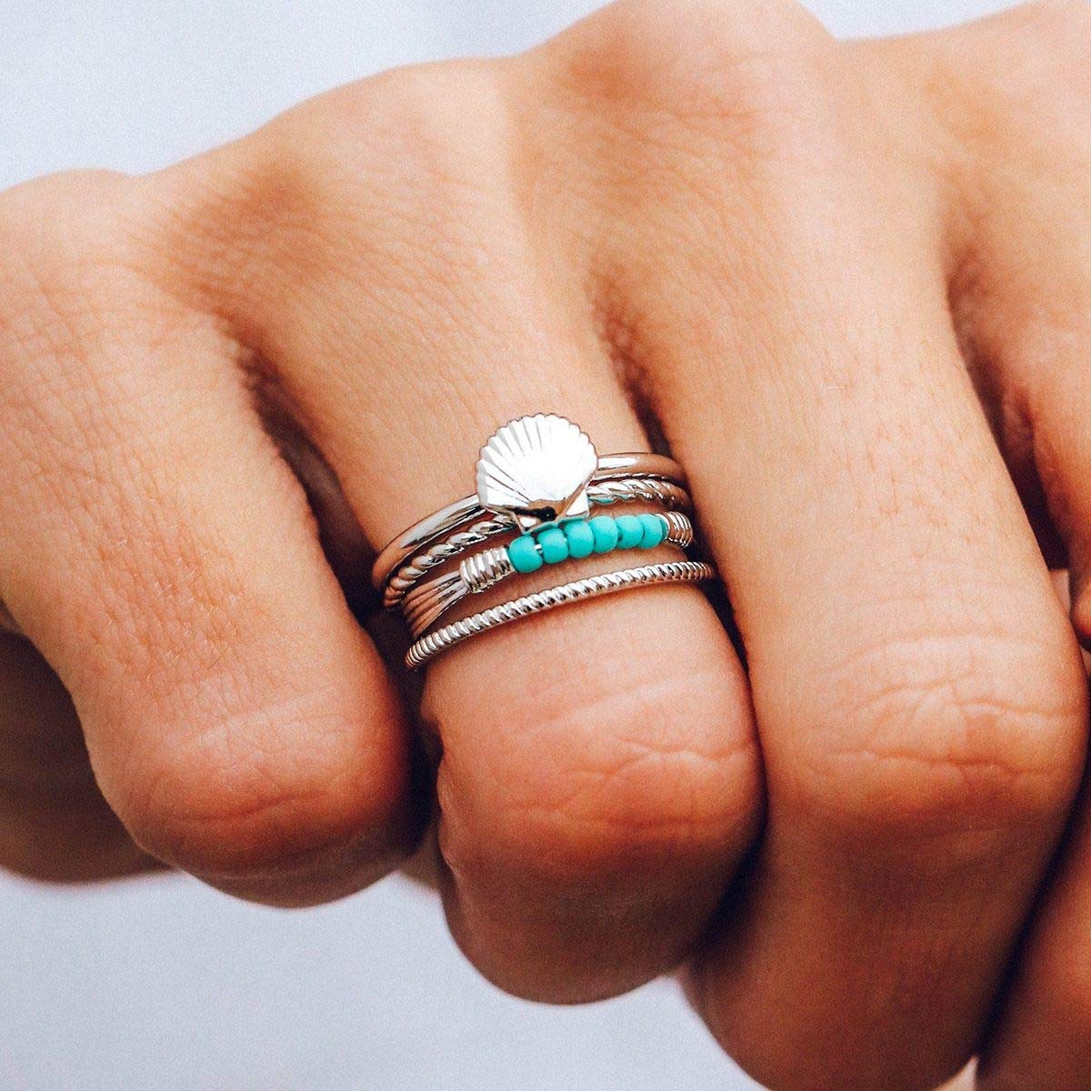 Pura Vida Silver Shell Ring Stack - Brass Base Band, Rhodium Plating - Size 9