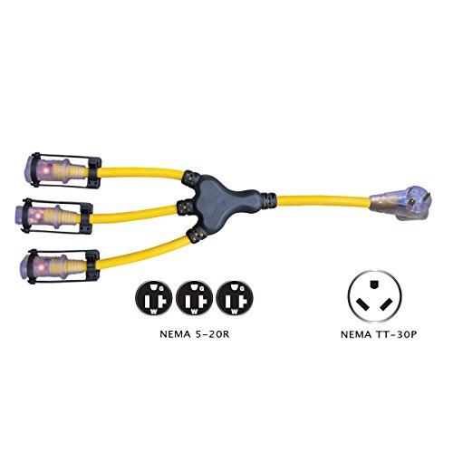 Voltec 04-00215 2ft 10/3 TT-30P Generator "W" Adapter w/E-Zee Lock & (3X) 5-20R Lighted Receptacles