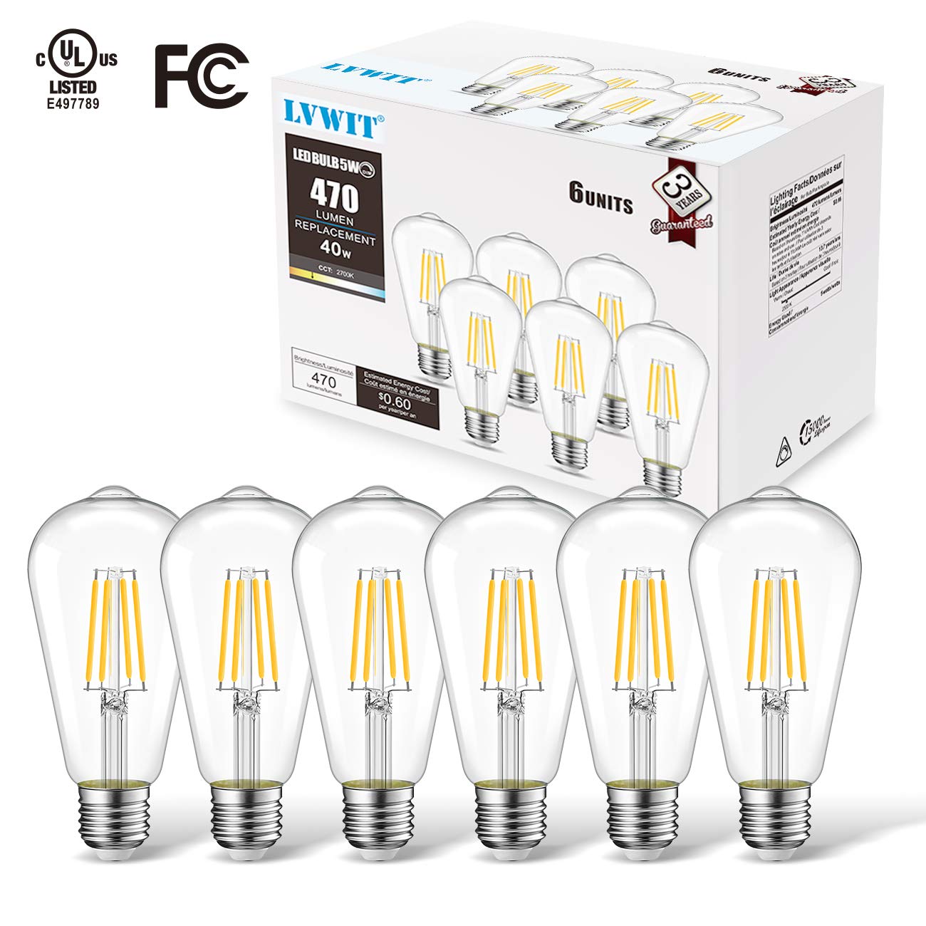 LVWIT ST21 LED Filament Bulb 5W(40 Watt Equivalent) Dimmable 2700K Warm White Vintage Edison Light Bulb E26 Medium Base (6-Pack) (5W-Warm White)