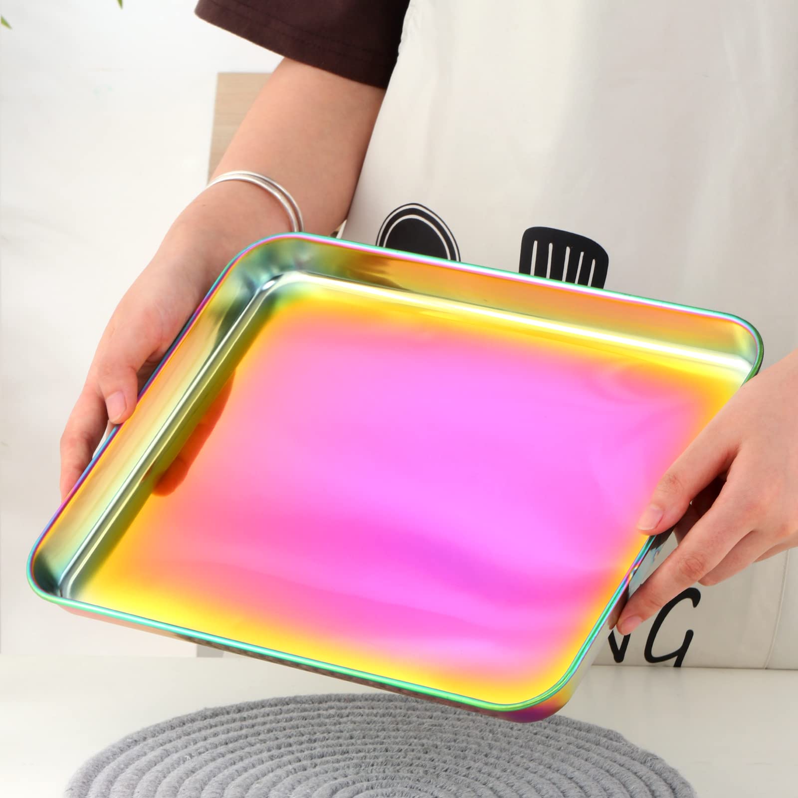 TUPMFG Rainbow Baking Tray Pan Sheets Stainless Steel Flast Food Serving Tray Metal Tray - Rectangular decorative Tray Party Kitchen (12.25 x 9.65 x 1 inch,Rainbow)