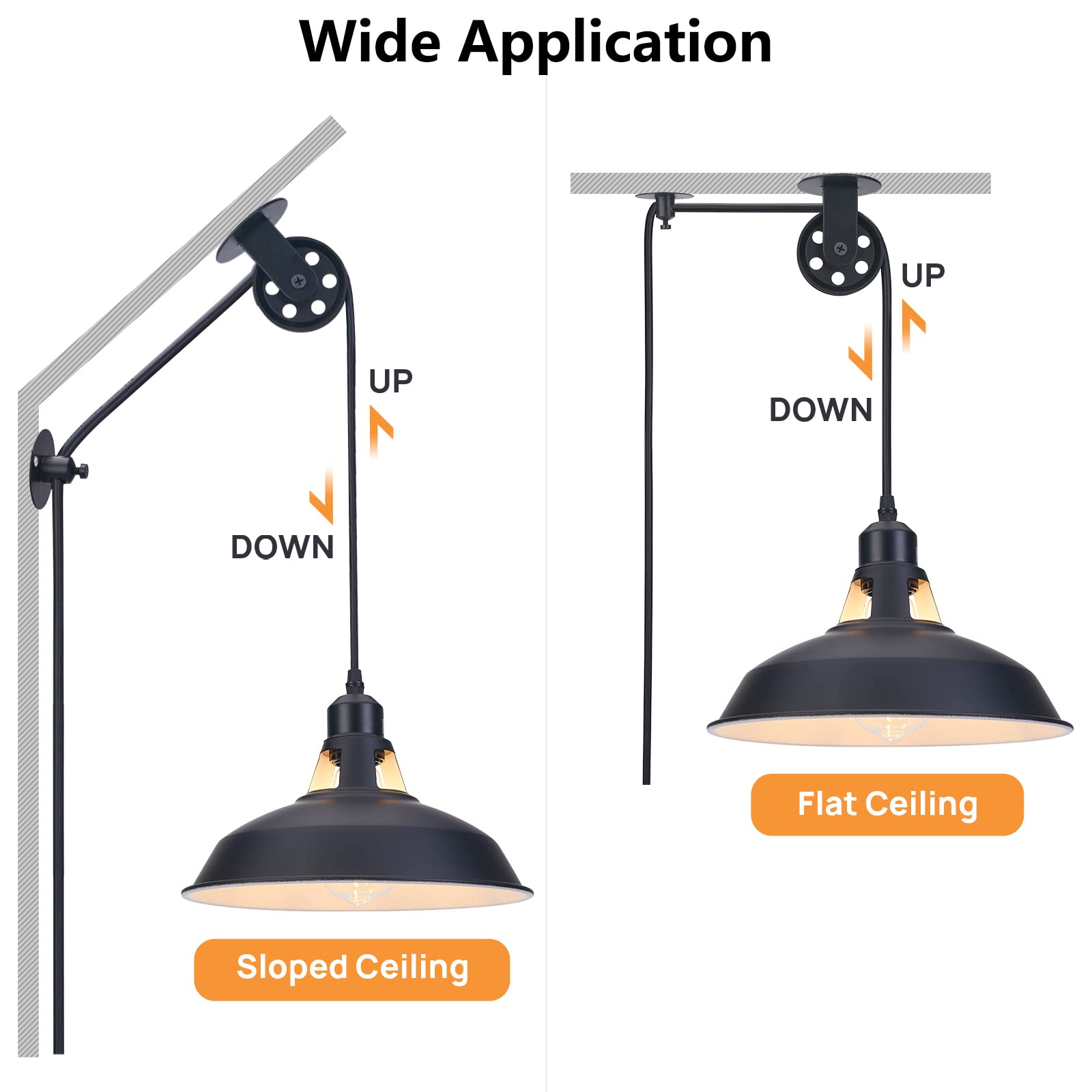Lomoky Plug in Pendant Light, Hanging Lamp with Black Barn Pendant Lighting with 14.76ft Cord On/Off Switch, Adjustable Pulley Hanging Pendant Lighting for Kitchen Bedroom Restaurant 2 Pack