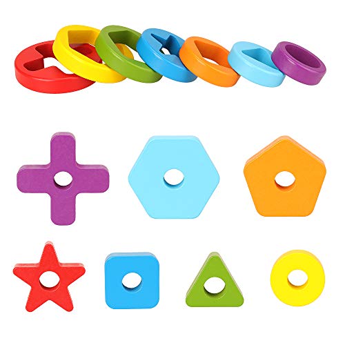 Miunana Wooden Stacking Rings Rainbow Geometric Shape Stacker Toddler Learning Toys Builing Puzzles Educational Game for Kids