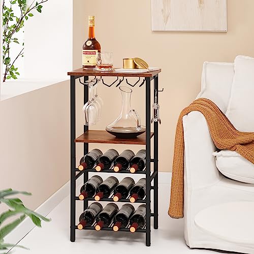 Yoobure Wine Rack Freestanding Floor with Glass Holder Wine Racks for Floor 12 Bottles Wine Bar Rack, Wine Holder Stand with Wood Tabletop 3-Tier Wine Table with Rack for Home Bar Kitchen Living Room