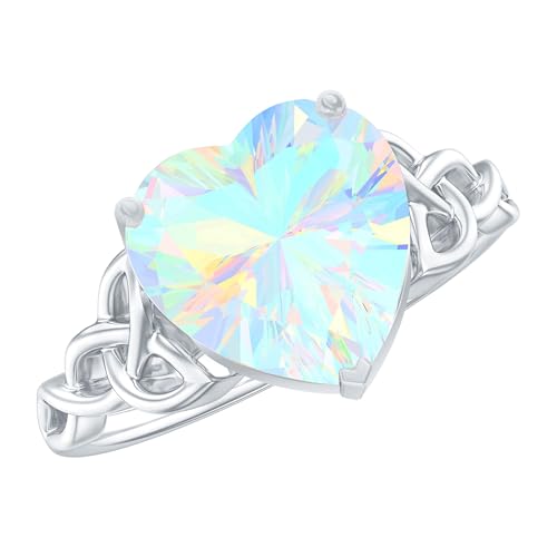 Rosec Jewels Certified Opal 8mm Heart Shaped Engagement Ring for Women, AAA Quality, Natural Opal Celtic Knot Ring (Ready to Gift), 14K White Gold, Size:US 6.00