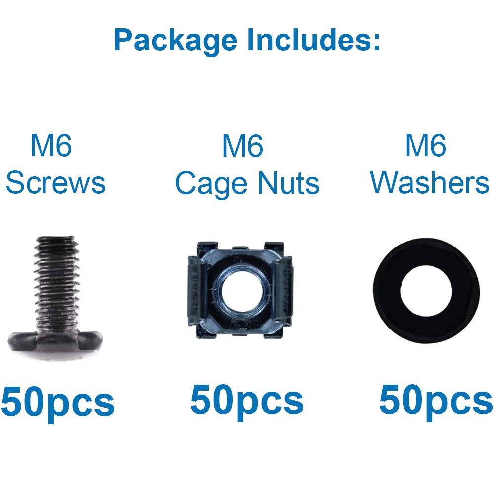 MMOBIEL 50 Pack Cage Nuts, Screws and Washers M6 x 16mm Rack Mount & Washers for Rack Mount Server Cabinets, Rack Mount Server Shelves, Routers