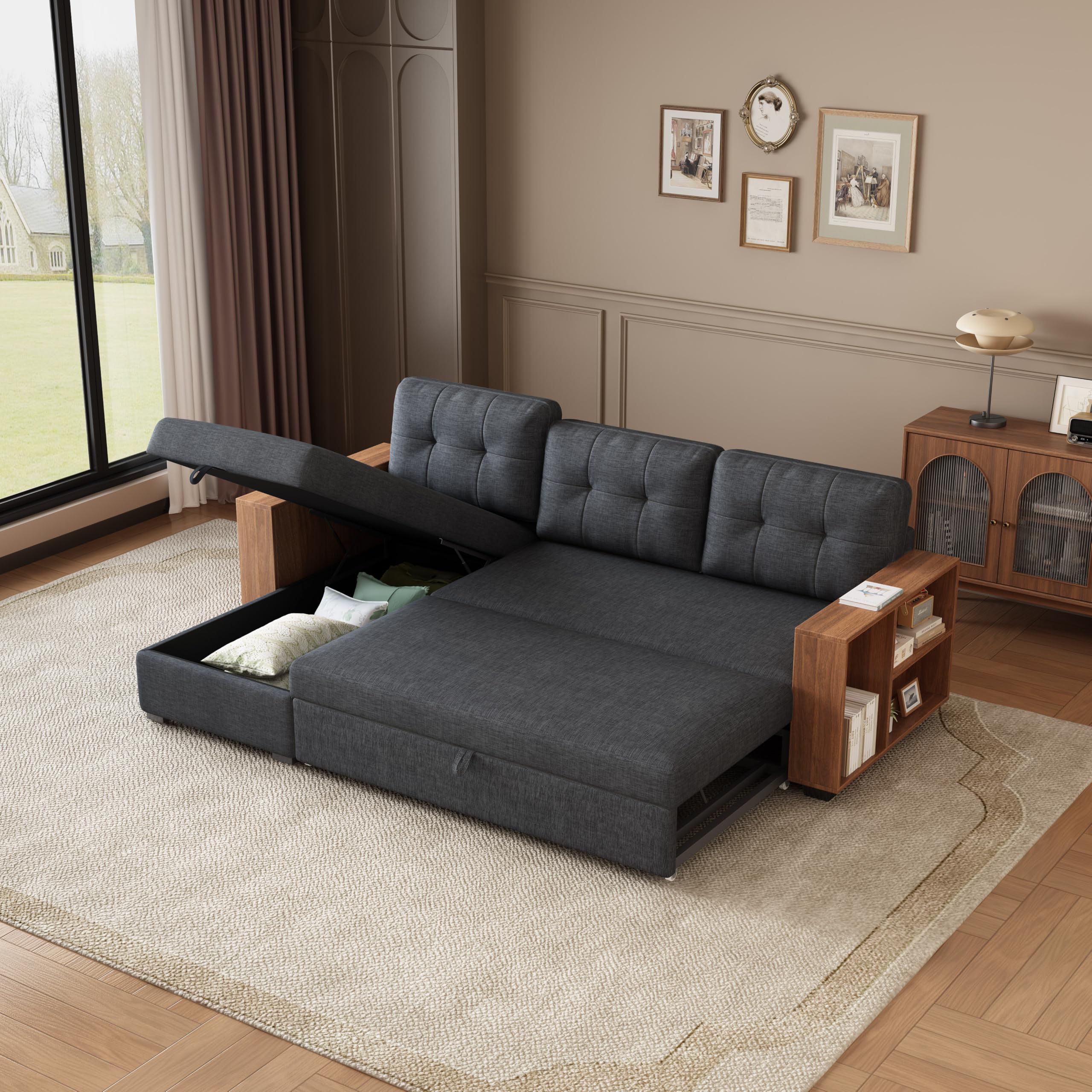 YOPTO 84" Convertible Sectional Couch with Pull Out Bed and Storage Chaise,L Shaped Sleeper Sofa W/Wood Cabinet Armrests&Removable Back Cushions,Living Room Furniture for Home,Office,Dark Grey