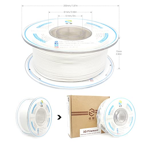 YOUSU Polypropylene PP Filament, 1.75mm 3D Printer Filament for FDM 3D Printers, 1kg (2.2lbs) 5 Pcs Build Sheet Included, Semi-Flexible Ultra Tough Filament, White