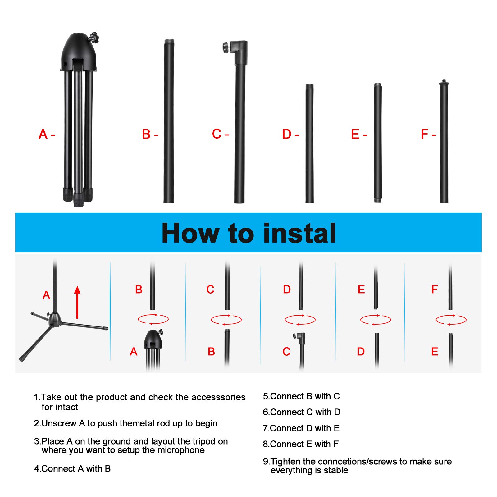 Microphone Stand, AGPTEK Condenser Microphone Stand with Non-Slip Feet, Adjustable Height & Foldable Design, 33.46-68.9 inches, Suitable for Supporting Acoustic Isolation Shield in Studio (Black)