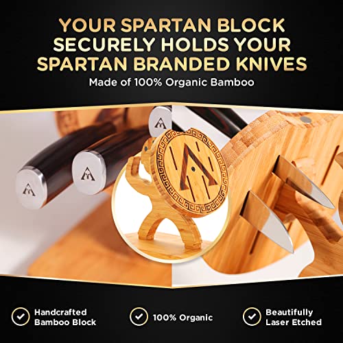 Spartan Knife Block- Complete Damascus Style Knife Set for Men- 5 Chef Knives, Knife Sharpener & Bamboo Spartan Knife Holder. Funny Stabbed Man Knife Holder- Unique Knife Holder