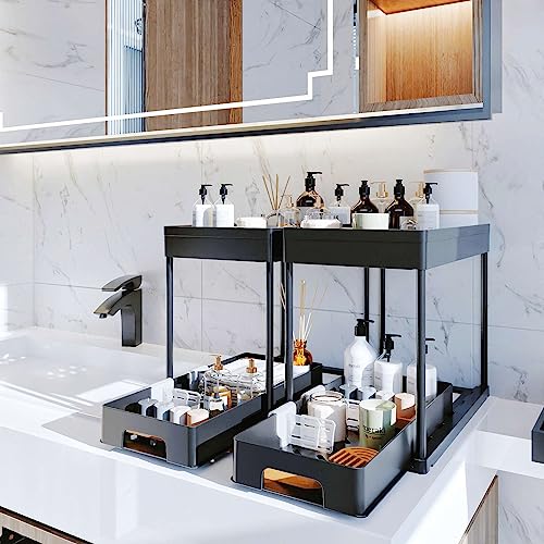 MZHSMZHR Bathroom Under Sink Organizers and Storage,Under Cabinet Organizer Kitchen, 2 Pack 2 Tier Under Counter Storage Shelves with Sliding Pull Out Drawer and Dividers, Black