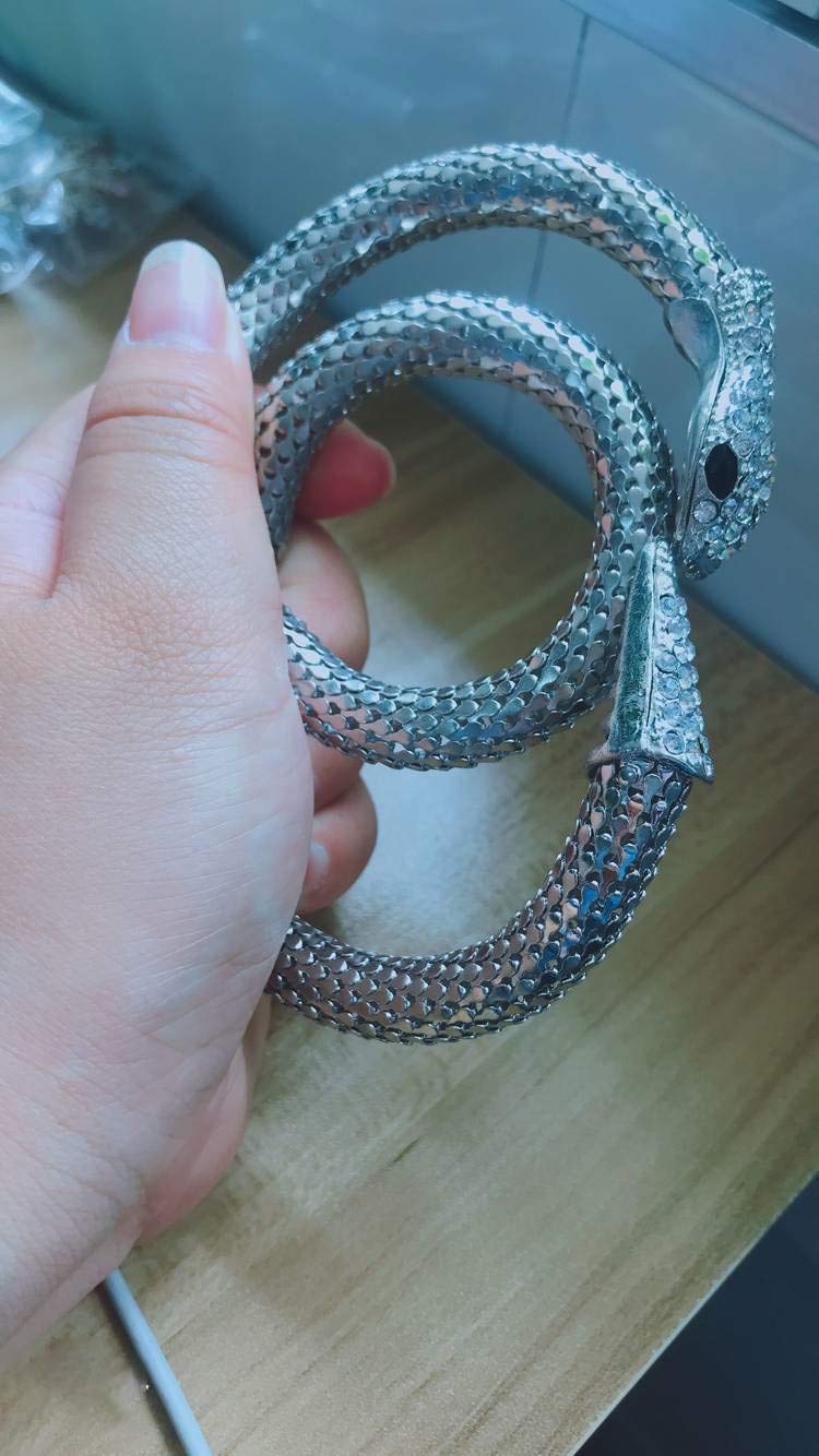 Mandy Xia Punk Rhinestone Curved Stretch Snake Animal Cuff Bangle Bracelet for Women Ladies Wristband Jewelry (Silver)