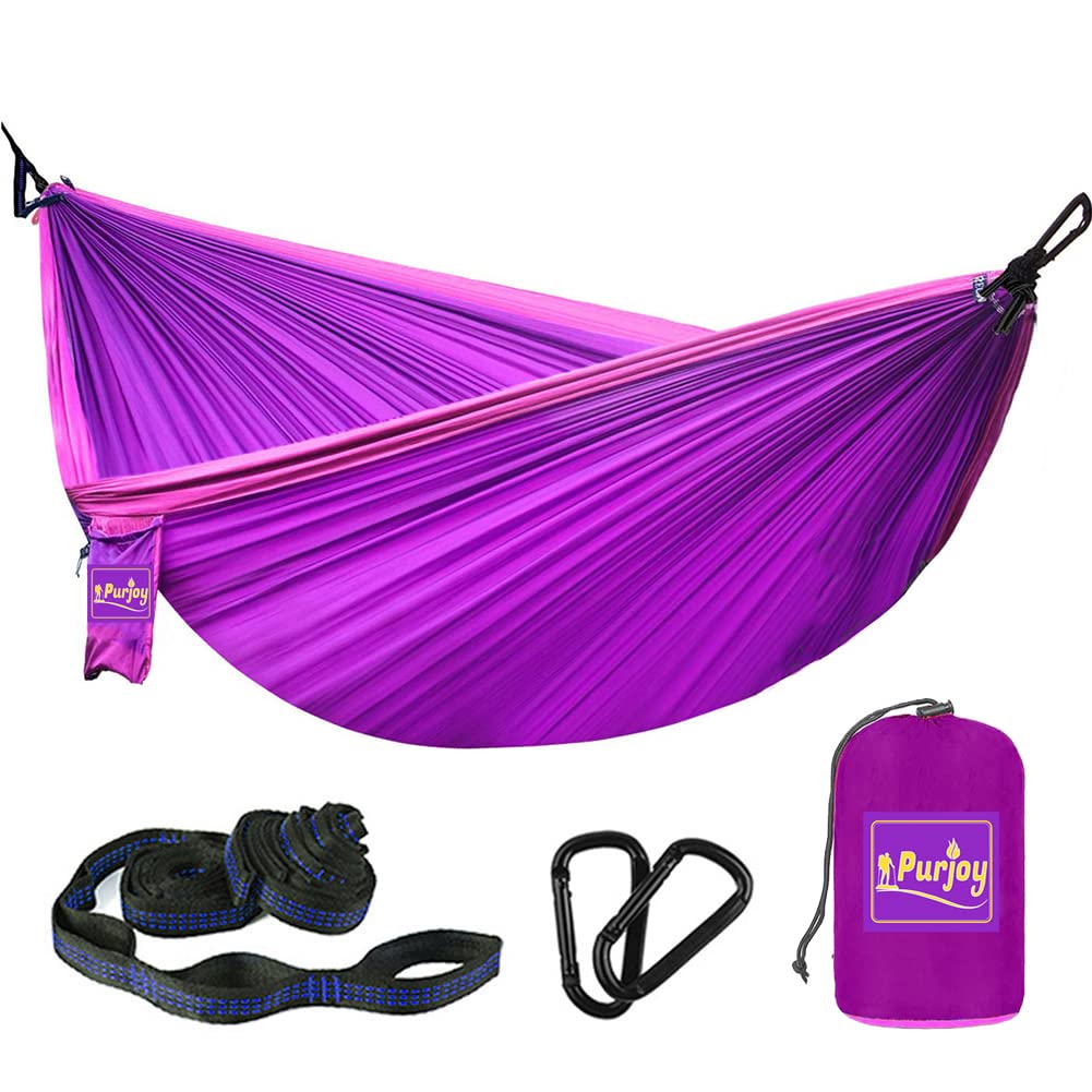 Purjoy Camping Hammock Single & Double Portable Hammocks with 2 Tree Straps (18 Loops/13.2 Ft Total),Lightweight Nylon Parachute Hammocks for Travel,Beach,Backyard,Patio,Hiking(Fuchsia/Purple1)