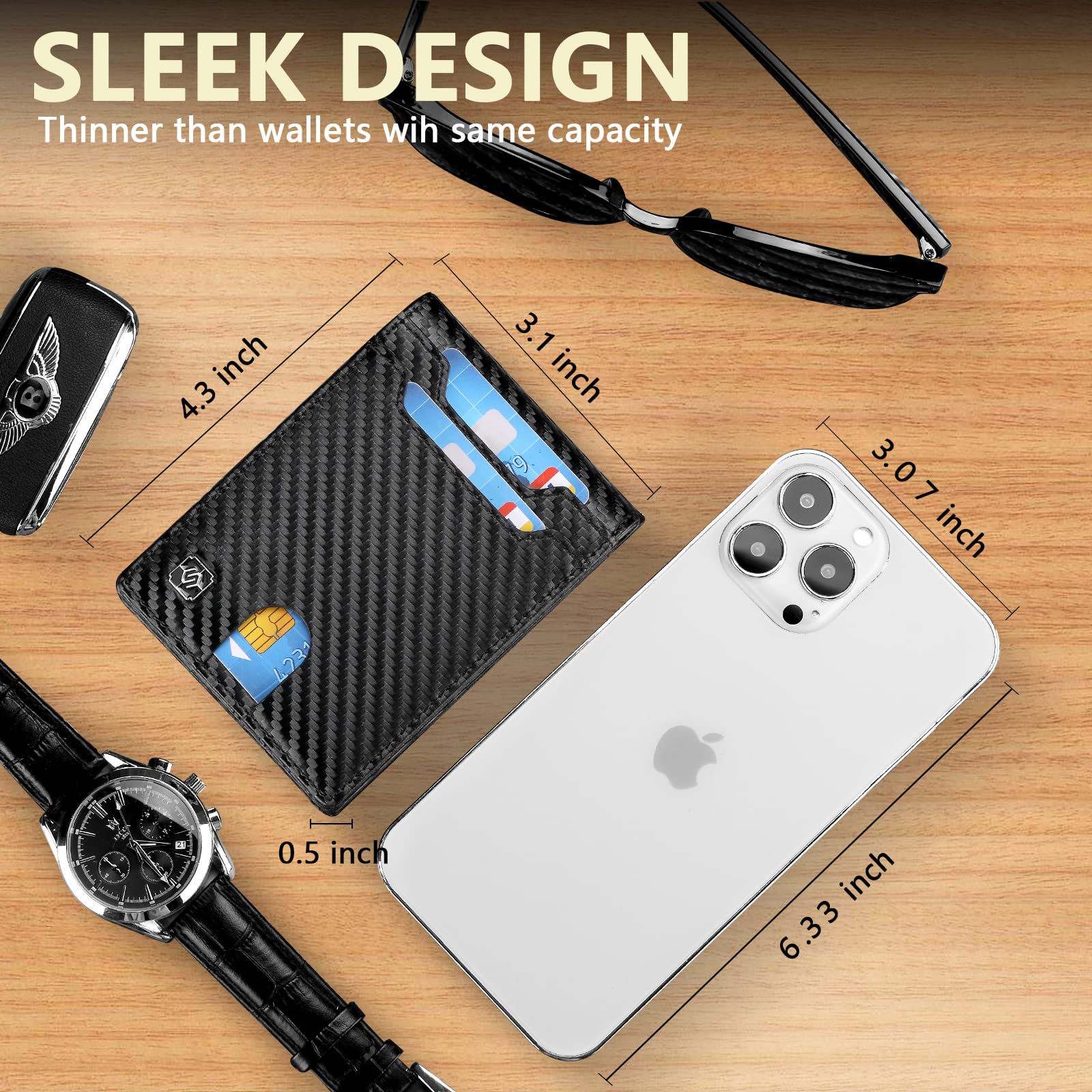 SHOUCANGAR Slim Wallet for Men,12 Card Slots Leather Carbon Fiber Wallet RFID Blocking Bifold Credit Card Holder With Gift Box