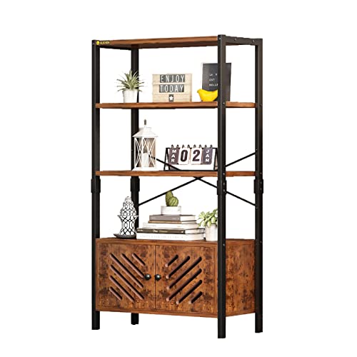 YQ FUNLIS Tall 3-Tier Bookshelf with Doors,Wooden Bookcase with Storage,Standing Display Storage Cabinet Shelves Rustic Bookcase for Home Living Room Bedroom Office