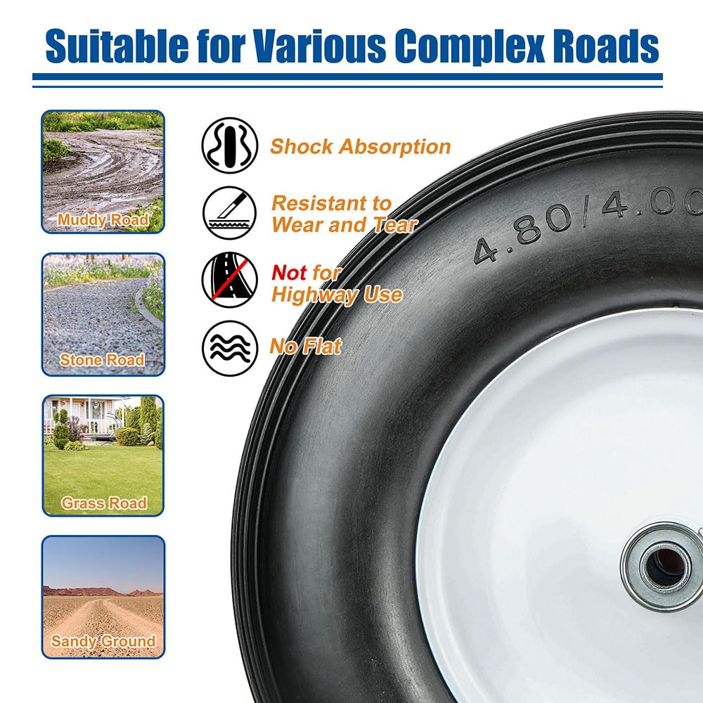 LotFancy 4.80/4.00-8” Flat Free Tire and Wheel, 16” Wheelbarrow Tire, 6” Centered Hub, 5/8” or 3/4” Bearings, Replacement for Wheelbarrows, Garden and Utility Carts, Trolleys, Wagon