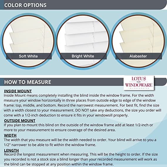 Lotus & Windoware Cordless, 2 Inch Faux Wood Blind, 11" Wide x 72" Long, Smooth, Bright White