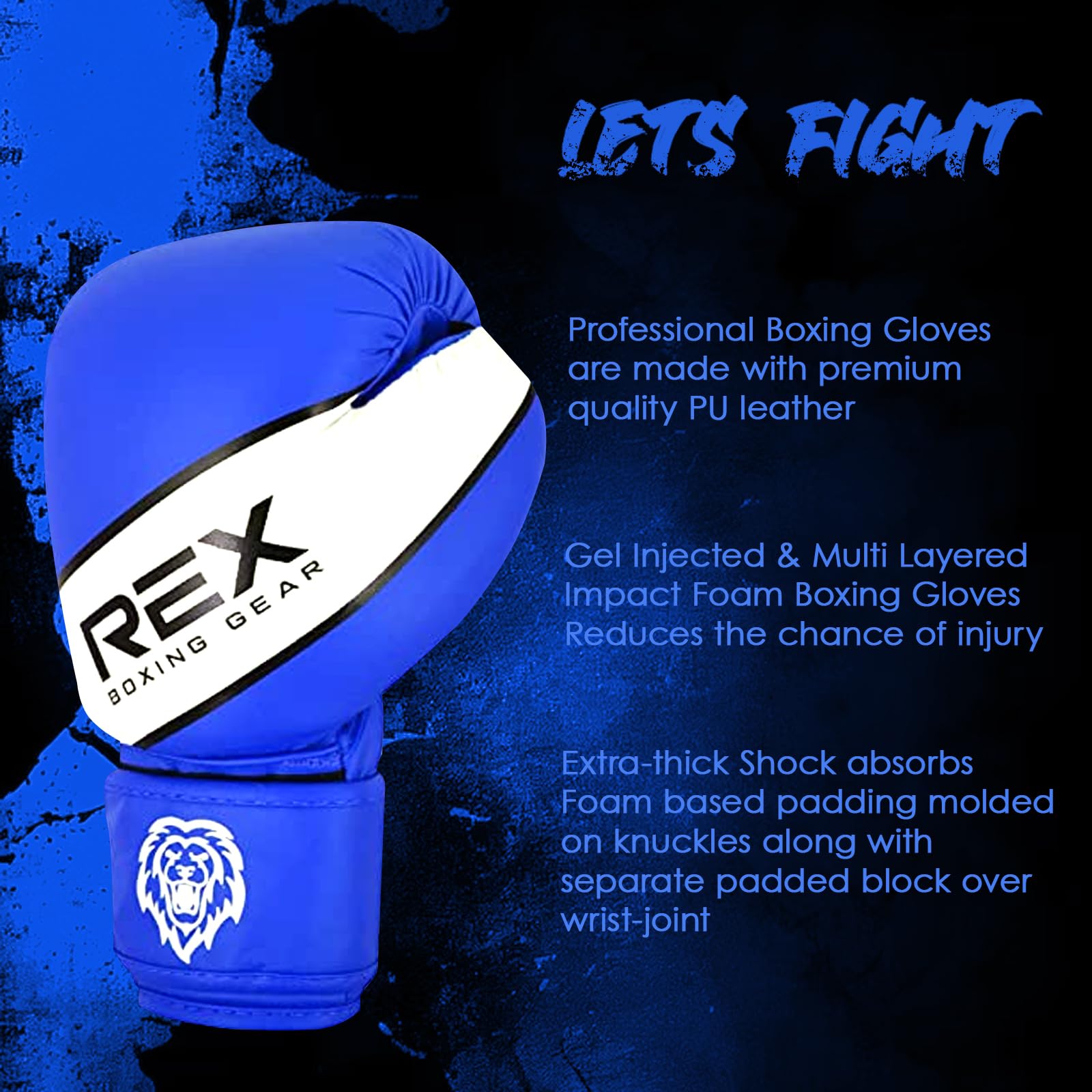 Rex Boxing Gloves for Kids & Adult- Premium Quality PU Leather Training Gloves for Enhanced Performance and Protection with Ventilated Palm (Blue, 16oz)