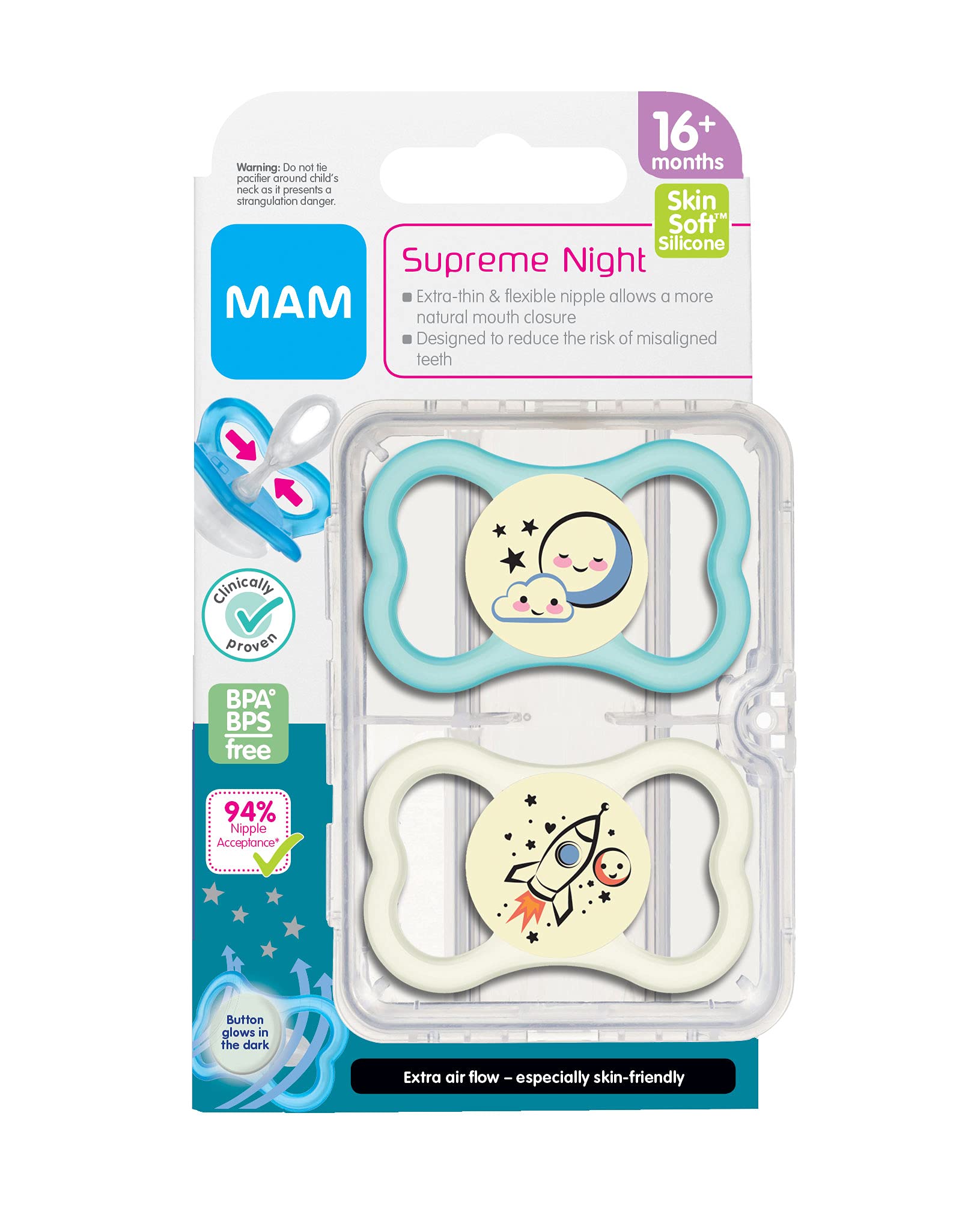 MAM Supreme Night Baby Pacifier, for Sensitive Skin, Patented Nipple, 2 Pack, 16+ Months, Unisex,2 Count (Pack of 1)