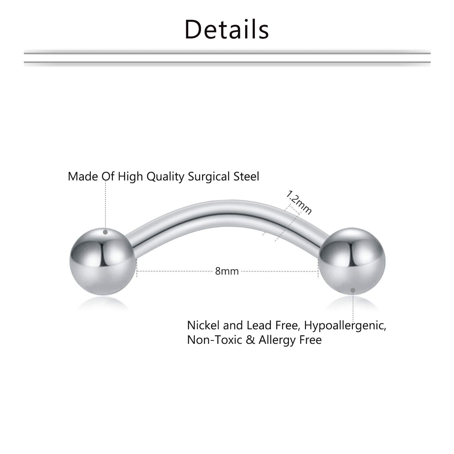 Mayhoop 16G Stainless Steel Daith Rook Earring 8mm Curved Barbell Eyebrow Rings Piercing Jewelry for Women Men