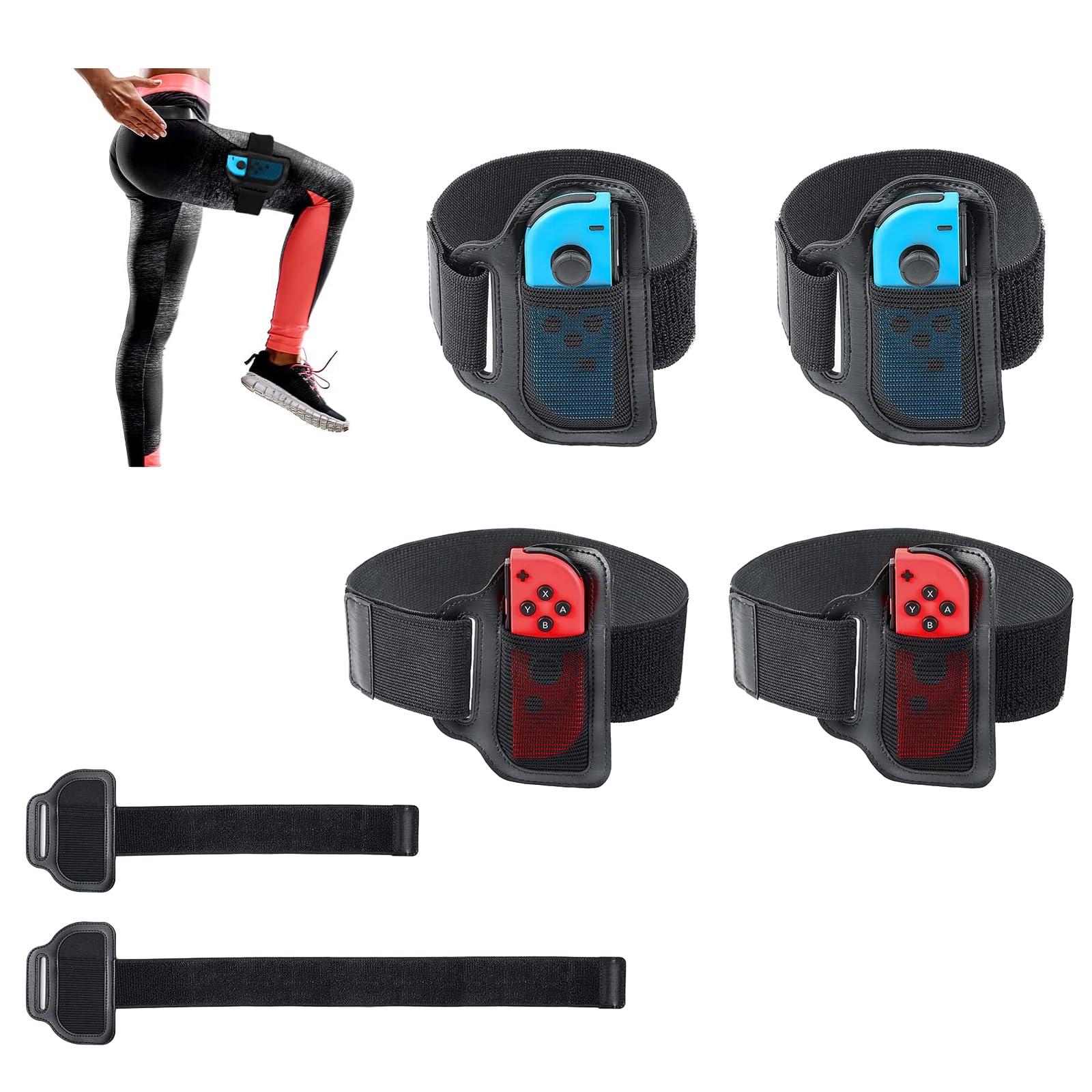 TiMOVO Switch Leg Straps Compatible with Nintendo Switch Sports/Switch Ring Fit Adventure Game, 4-Pack Adjustable Elastic Strap for Switch OLED/Switch, 2 Sizes Soccer Leg Band for Adults & Kids, Black