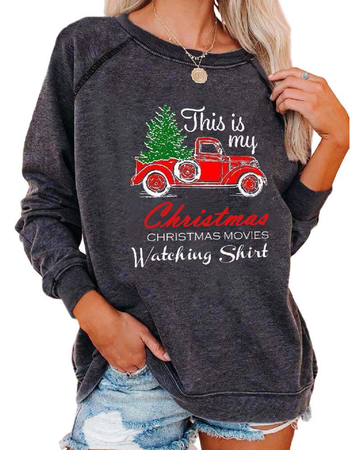 Poboola Women's Christmas Movies Watching Shirt Sweatshirt Xmas Long Sleeve Tops XL