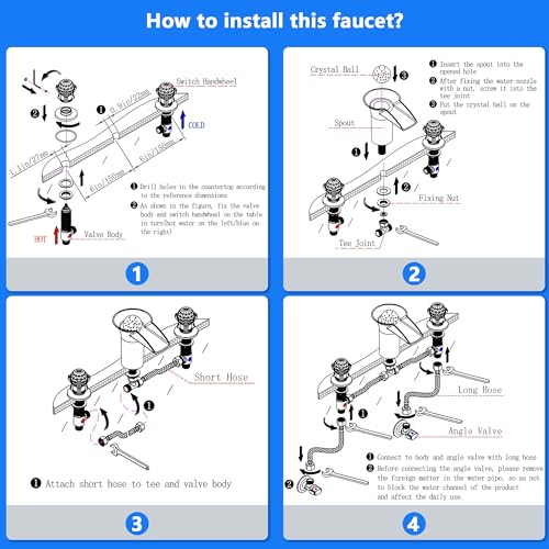 SKOWLL Waterfall Bathroom Faucet, Deck Mount 8 Inch Widespread Bath Sink Faucet 2 Crystal Handle Vanity Faucet with LED Light, Matte Black