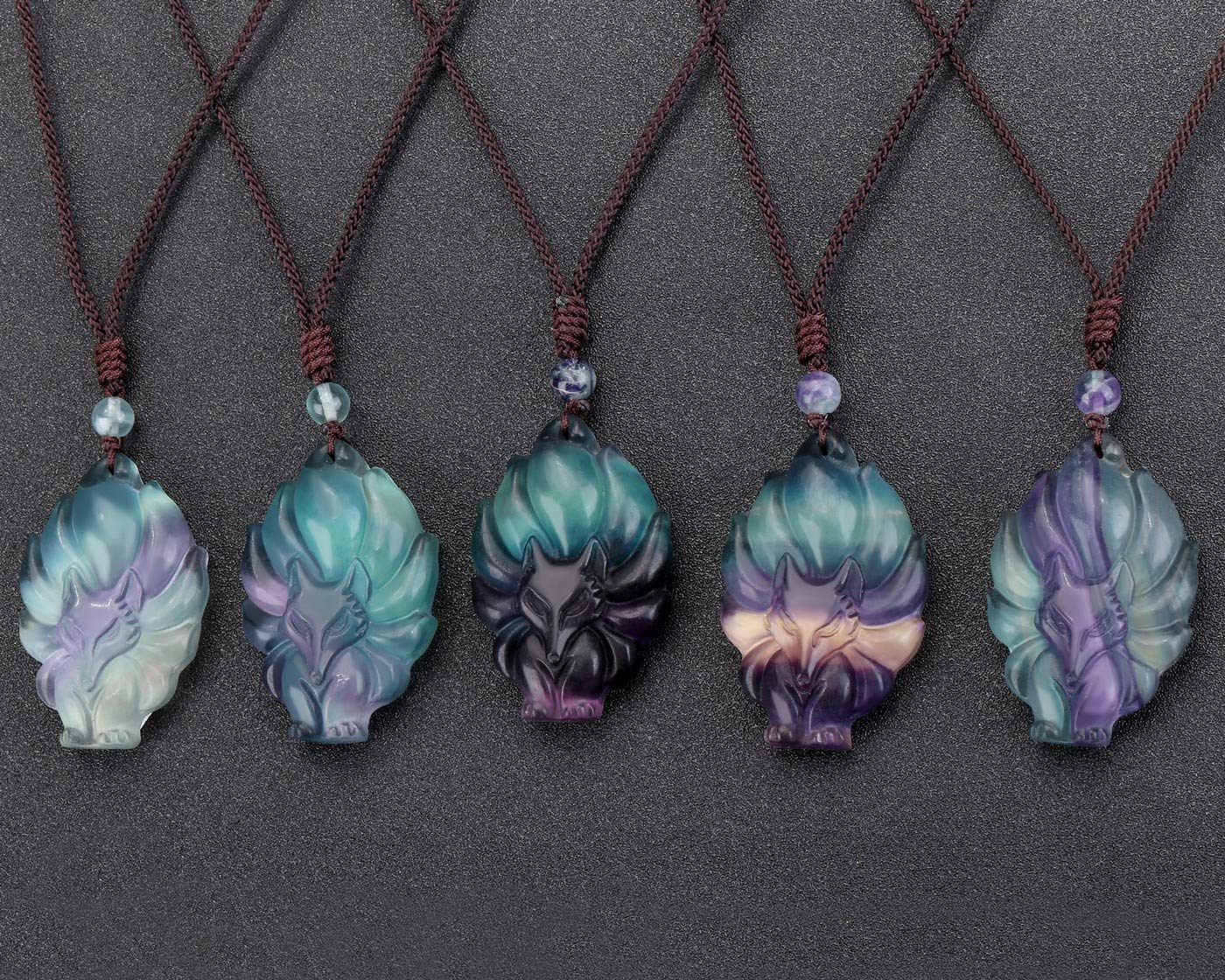MANIFO Natural Crystal Gemstone Fox Pendant Necklace with Adjustable Woven Rope Chain (Fluorite)