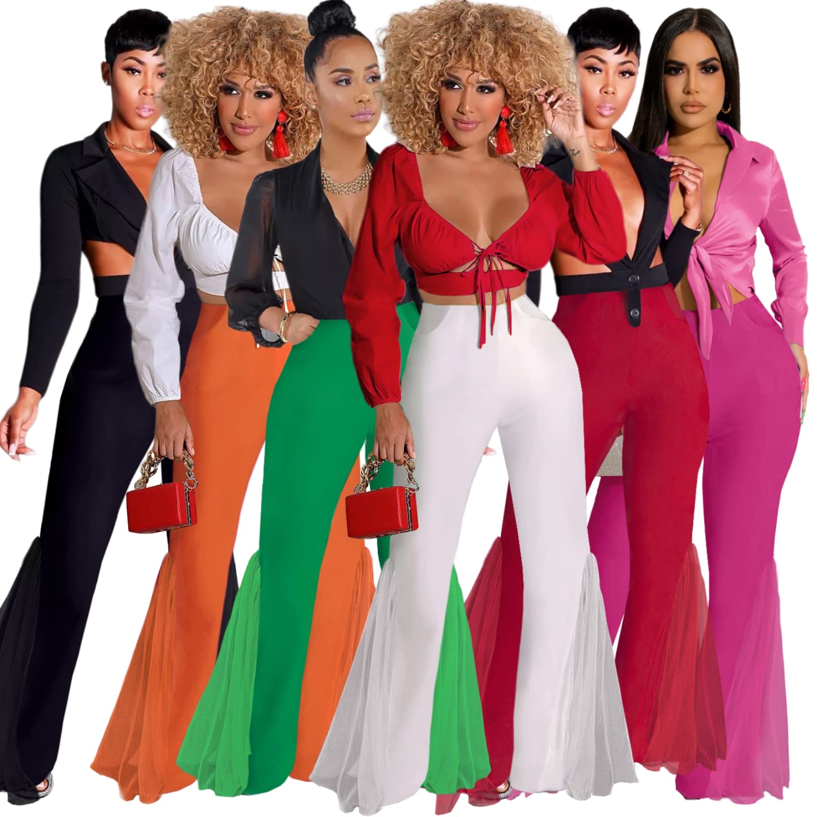 ThusFar Wide Leg Pants for Women High Waist Solid Stretchy Bell Bottom Flare Pants Mesh Yoga Pants