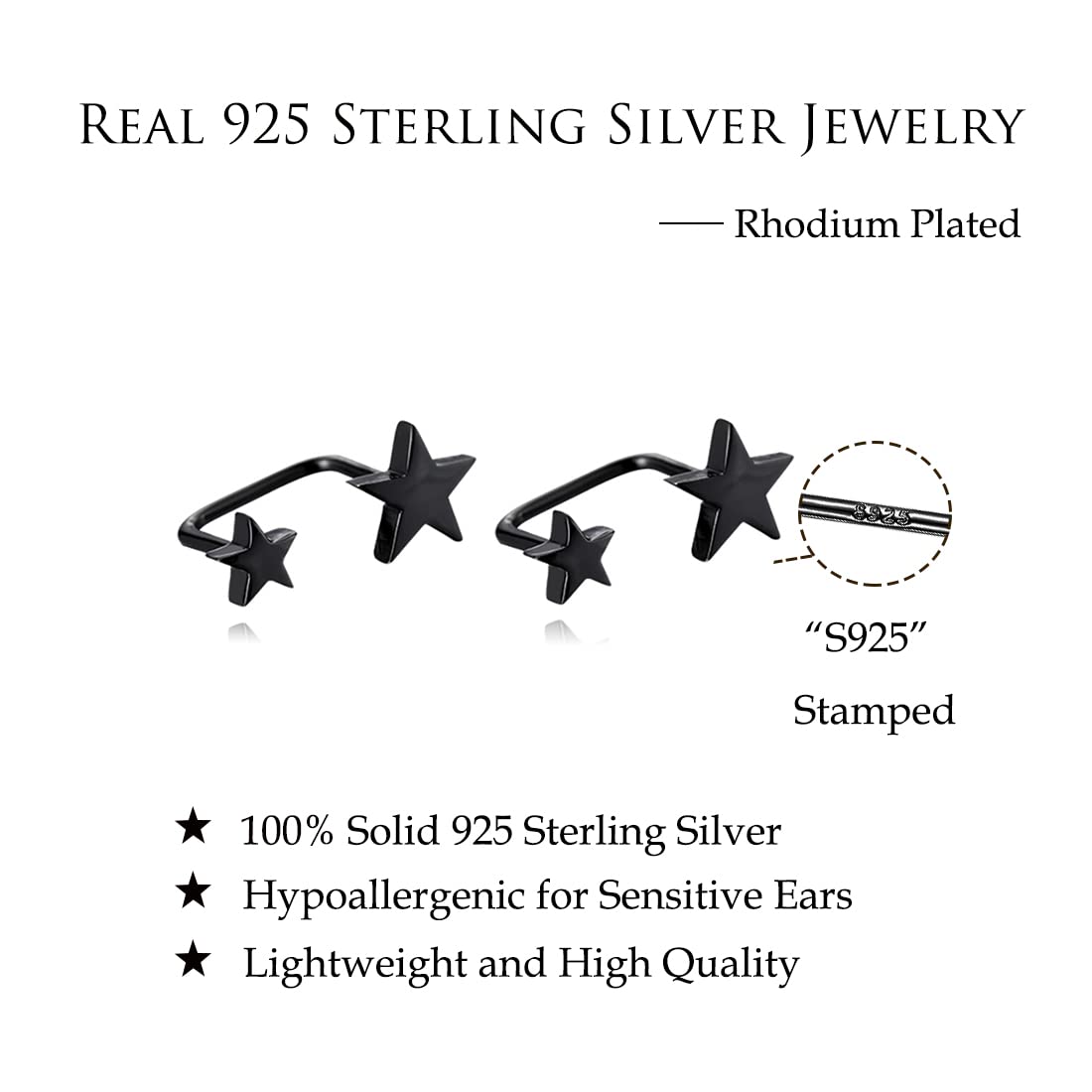 Reffeer 925 Sterling Silver Star Half Hoop Earrings Open Hoops for Women Girls Star Cuff Earrings Wraps (B-Black Gold)