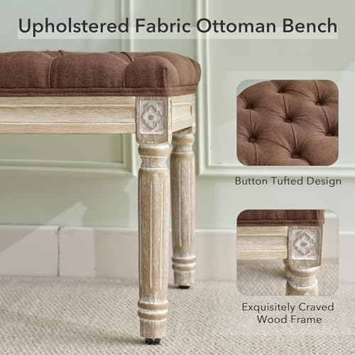 LOULENS French Vintage Bench, Linen Fabric Entryway Bench, Upholstered Tufted End of Bed Bench with Brushed Wood Legs, Dark Grey