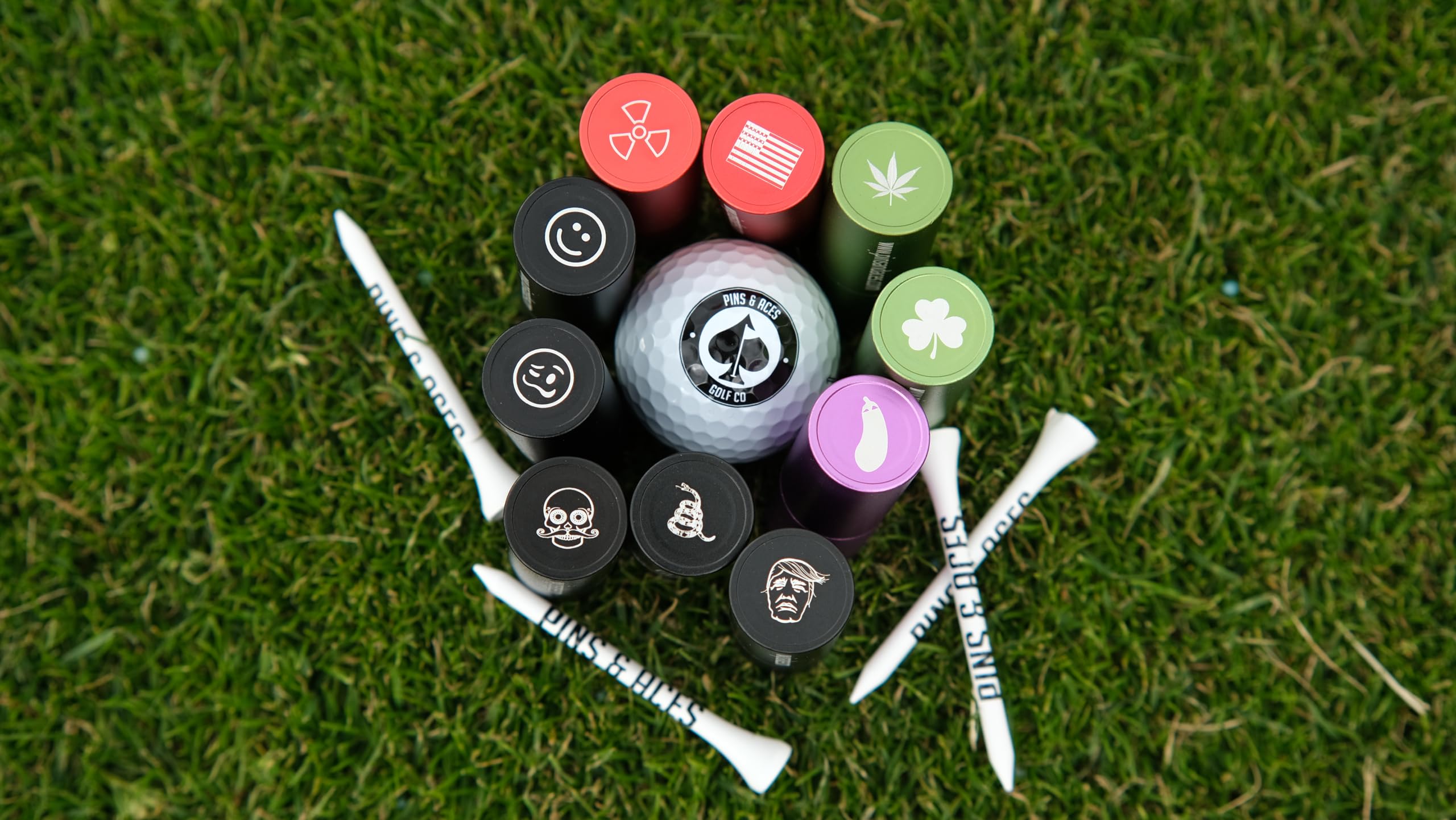 Pins & Aces - Golf Ball Stamp - Reusable Ink Stamp for Golf Ball - Premium Machine Billet Aluminum Case - Long Lasting Ink Lets You Customize Your Game