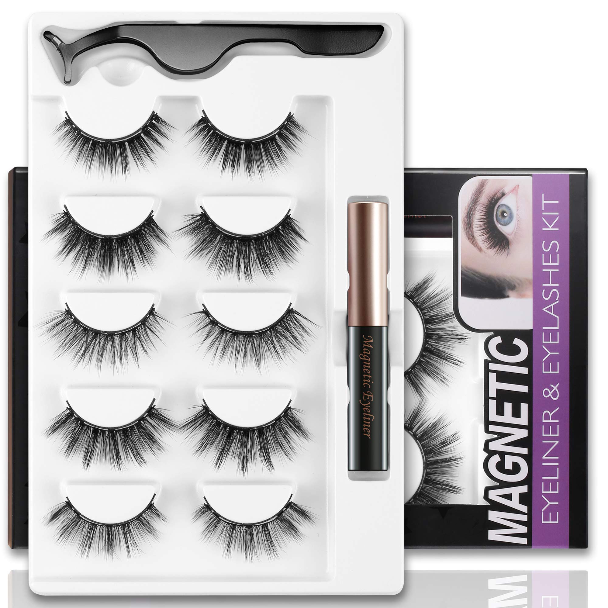Magnetic Eyelashes and Magnetic Eyeliner kit, HazyMete 5 Pairs 3D False Lashes with Tweezers Reusable Magnetic Lashes Set, 5 Different Styles Magnetic Eyelashes, No Glue Needed