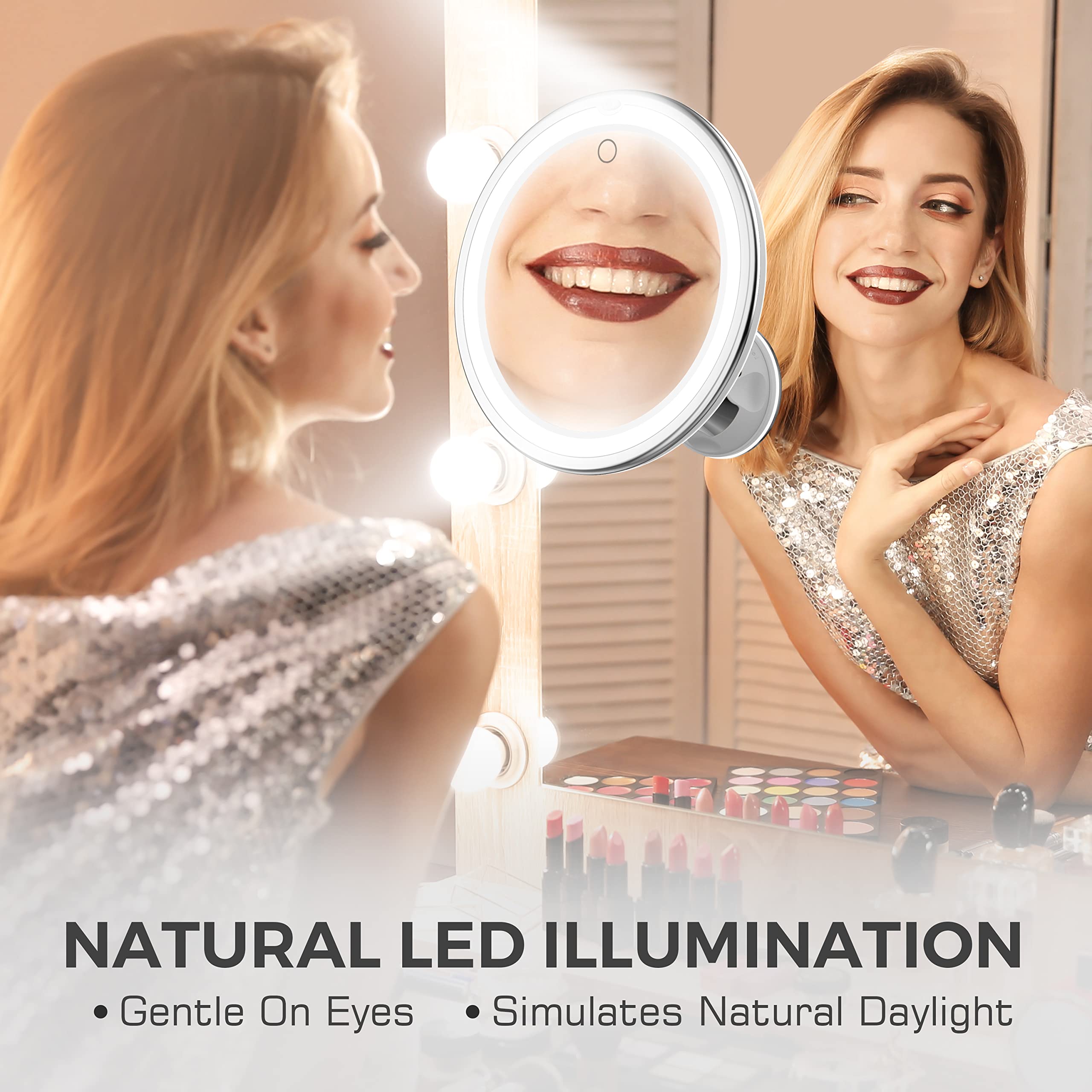 Vimdiff 10X Magnifying Mirror with Light, Makeup Mirror with Touch Control LED Lights, 360 Degree Rotating Arm, and Powerful Locking Suction Cup, Mirror with Lights for Bathroom Vanity and Travel