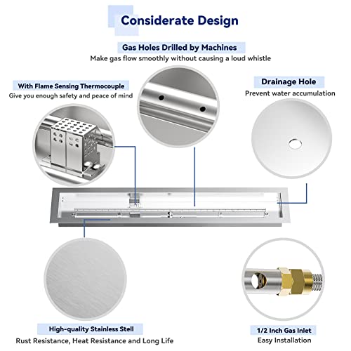 Skyflame 36" Linear Stainless Steel Fire Pit Drop-in Burner Kit with Flame Sensing, Electronic Spark Ignition, CSA Certified, and Propane Regulator Connector Hose Set for Propane Tank