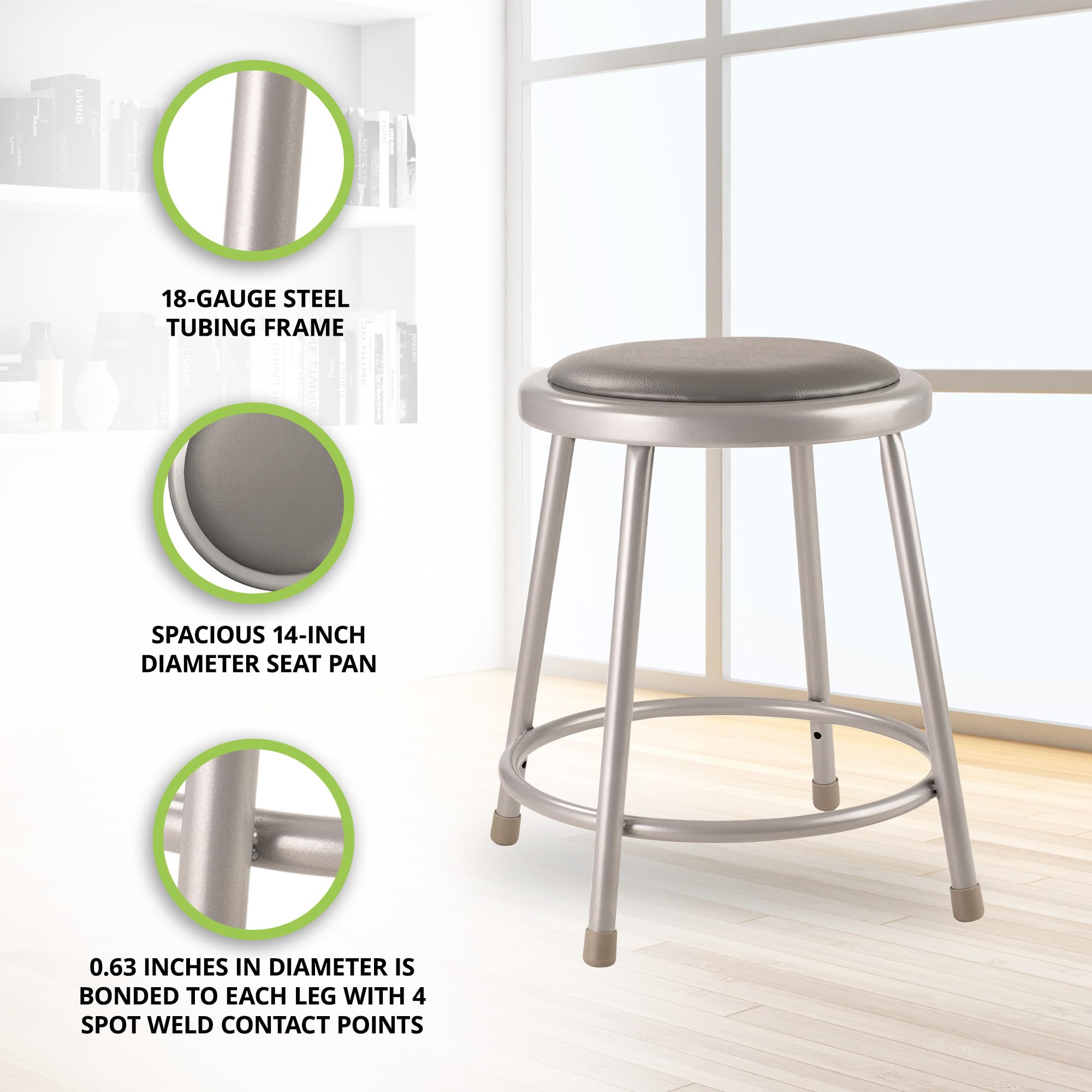 National Public Seating 6400 Series Heavy Duty 18 Inch Steel Stool with Vinyl Padded Seat Supports up to 300 Pounds, Grey Frame and Legs