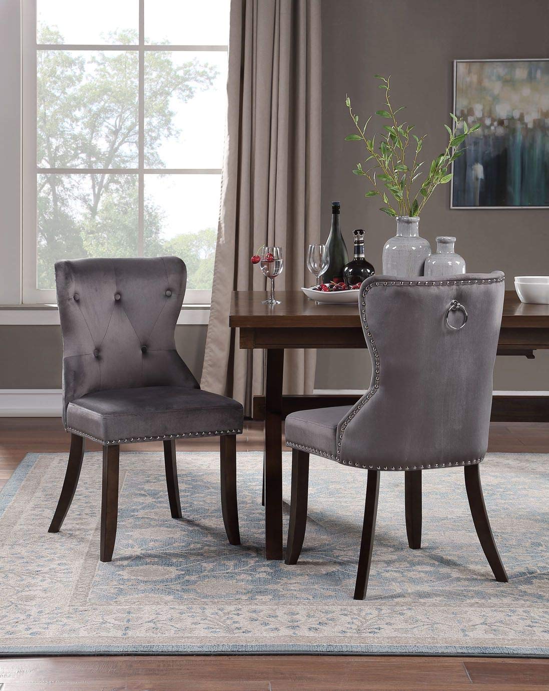 LCH Dining Set of 4, Upholstered Accent Button Tufted Armless Chair with Nailhead Trim and Back Ring Pull (Grey)
