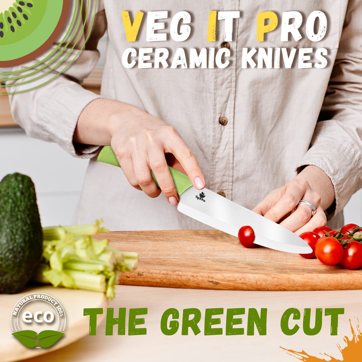 VegItPro 8" + 6.5" Vegetable Ceramic Blade Knives + Ceramic Knives for Cutting Lettuce + Vegetarian and Vegan Knife Set + Blade Protection Included