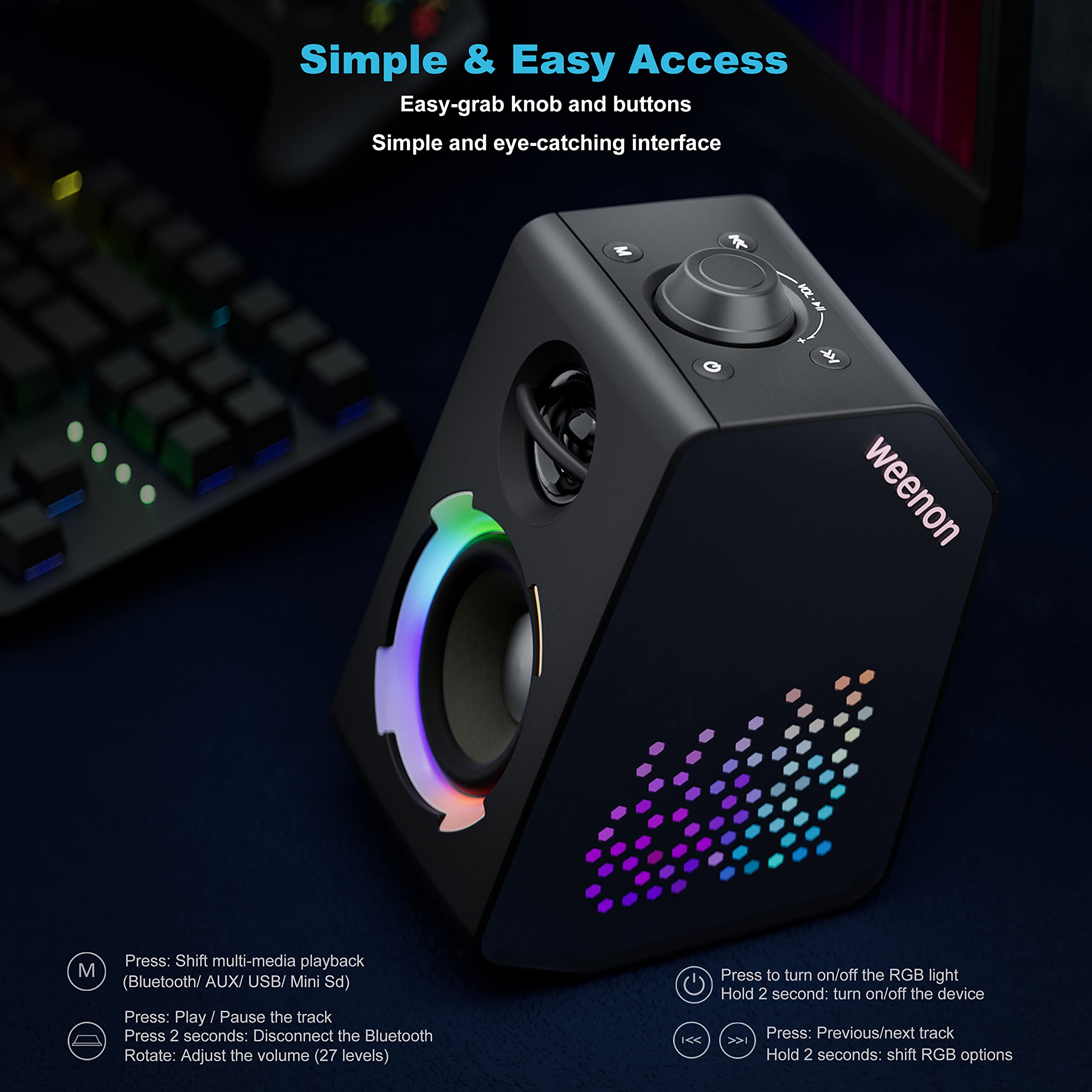 weenon Computer Speakers Desktop, Compact Dynamic RGB PC Gaming Speaker with Clear Case Subwoofer Surround Sound Bluetooth 5.0, 12 RGB Modes, Built-in Mic for PC Monitor, Laptop, 12V2A
