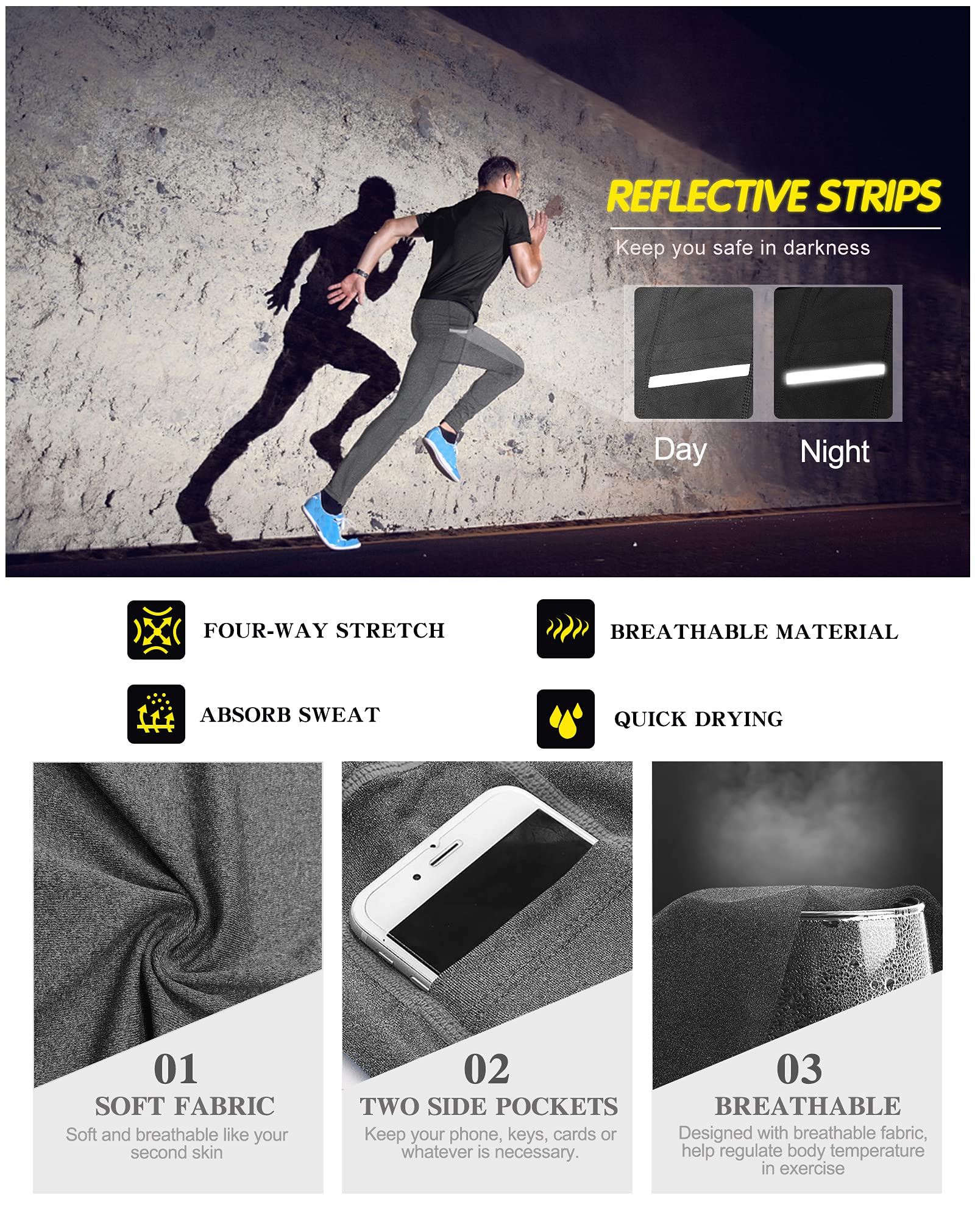 MEETYOO Men's Compression Pants with Pockets, Cool Dry Long Base Layer Underwear, Sport Workout Running Leggings Gym Tights