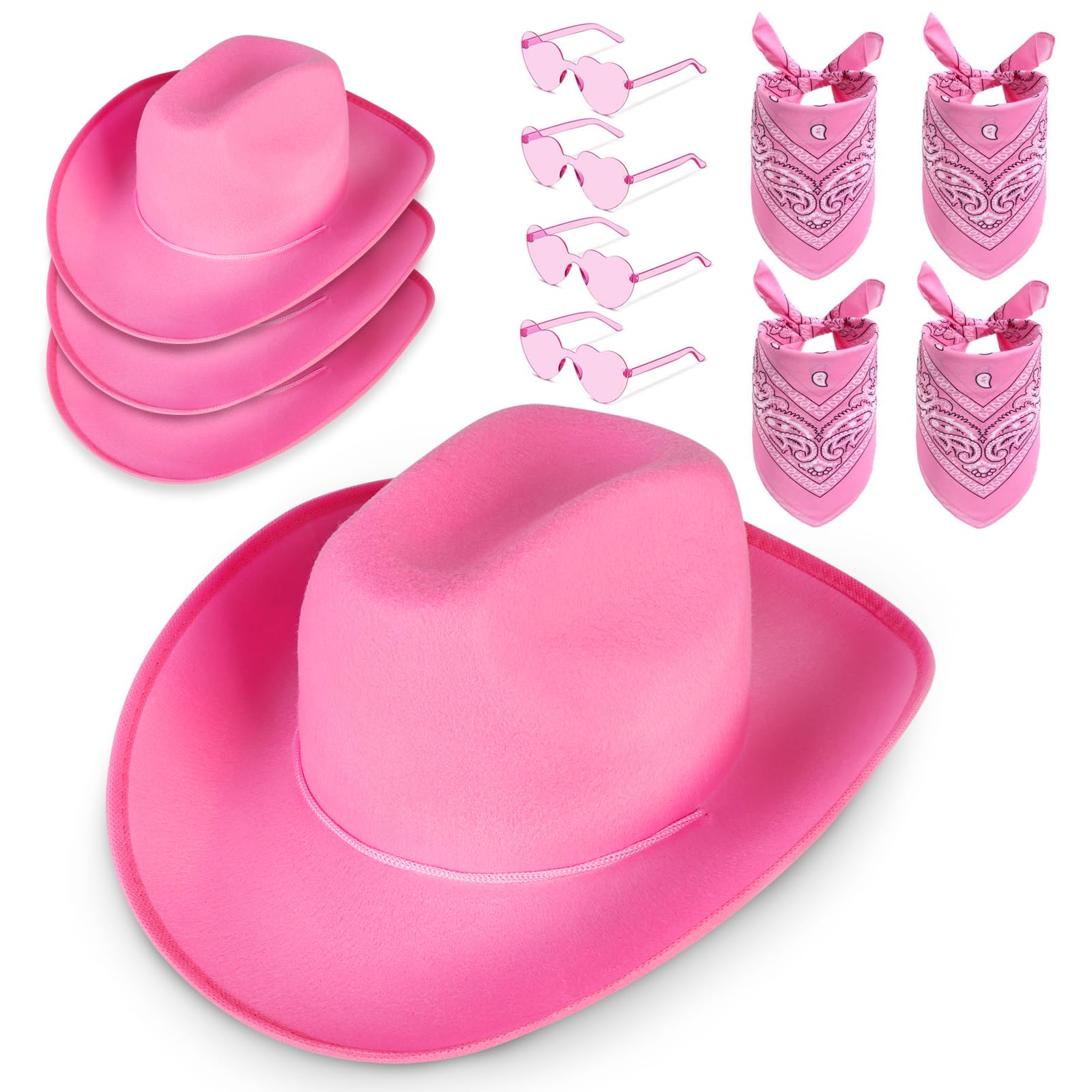 ZIYIME 4 Pcs Pink Cowgirl Hat for Women, Pink Cowboy Hat, Cowgirl Hat with 4 Hats 4 Bandanas 4 Pairs Glasses for Bachelorette Parties Cosplay Party