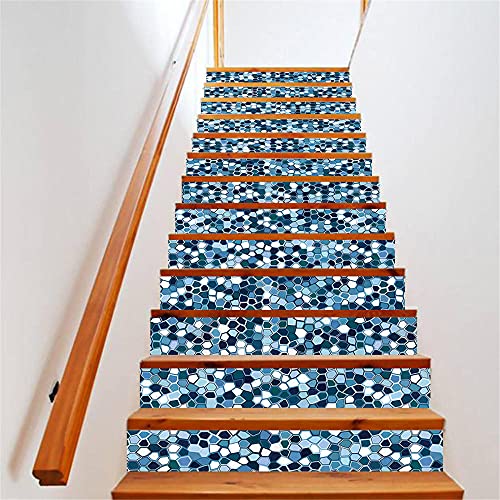 Master_GGG Stickers 3D Innovative DIY Blue Mosaic Decorative Adhesive Stair Stickers - Waterproof Stair Riser Decals - Peel and Stick Stair Stickers Decoration 13pcs/set 18cm X 100cm