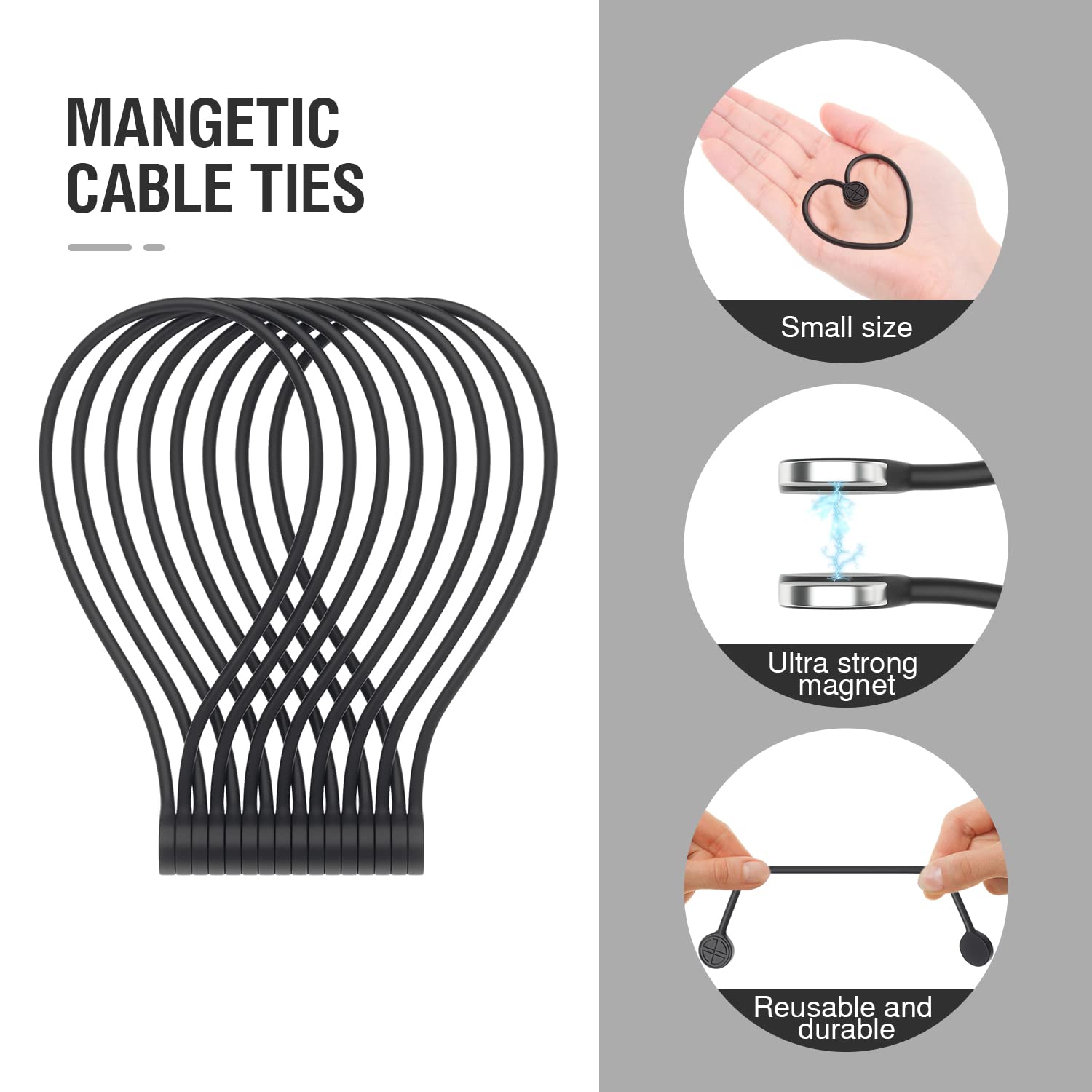 Magnetic Twist Ties, Reusable Silicone Cable Ties with Strong Magnet for Bundling and Organizing,Cord Wrap Clip Straps for Home or Office (Carbon Black-16 Packs)