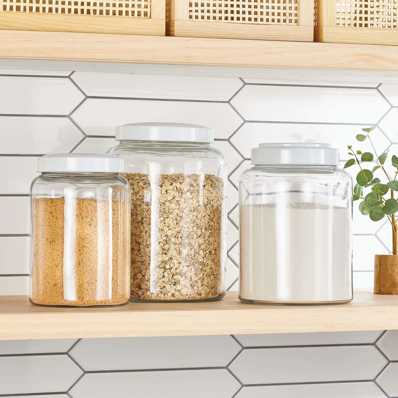 mDesign Medium Storage Glass Canister with Airtight Metal Lid for Kitchen Pantry, Counter, or Cabinet - Container for Food, Snacks, Cooking or Baking Supplies - Home Sort Collection - Clear/White