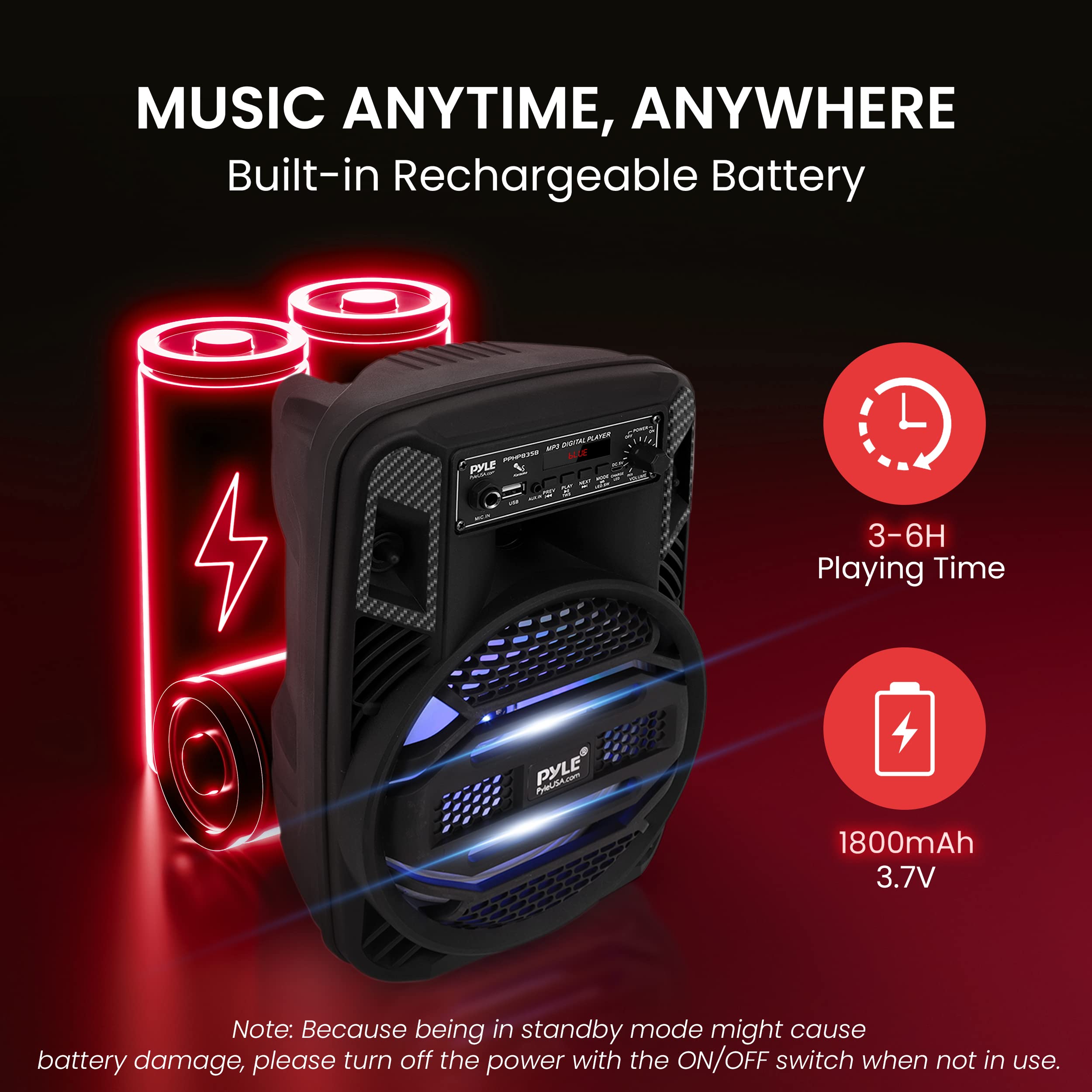 Pyle Portable Bluetooth PA Speaker System - 300W Rechargeable Outdoor Bluetooth Speaker Portable PA System w/ 8β Subwoofer 1β Tweeter, Microphone In, Party Lights, MP3/USB, Radio, Remote -PPHP835B