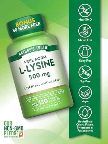 Nature's Truth L-Lysine 500mg | 130 Caplets | Free Form | Essential Amino Acid | Non-GMO & Gluten Free Supplement